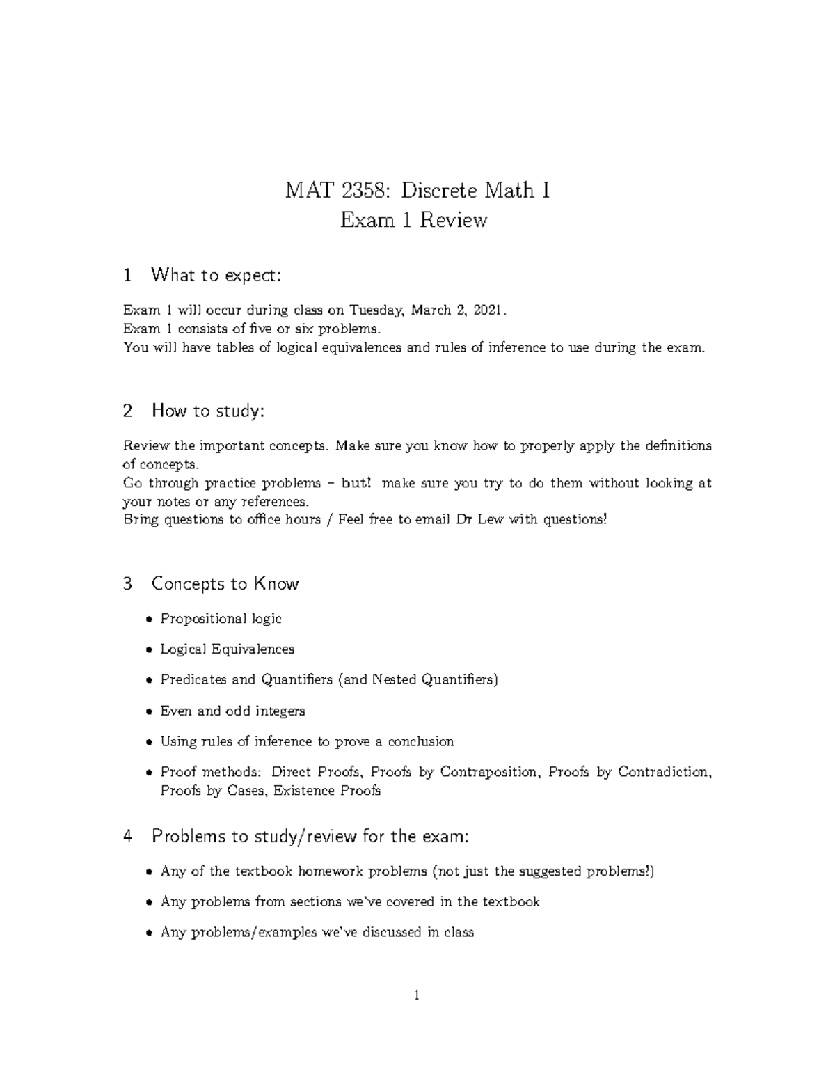 Exam 1 review 2021 - MAT 2358: Discrete Math I Exam 1 Review 1 What to ...