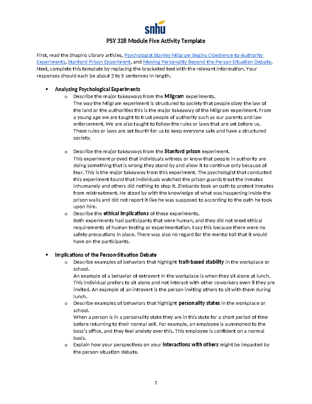 PSY 328 Module Five Activity Template - PSY 328 Module Five Activity Template First, read the ...