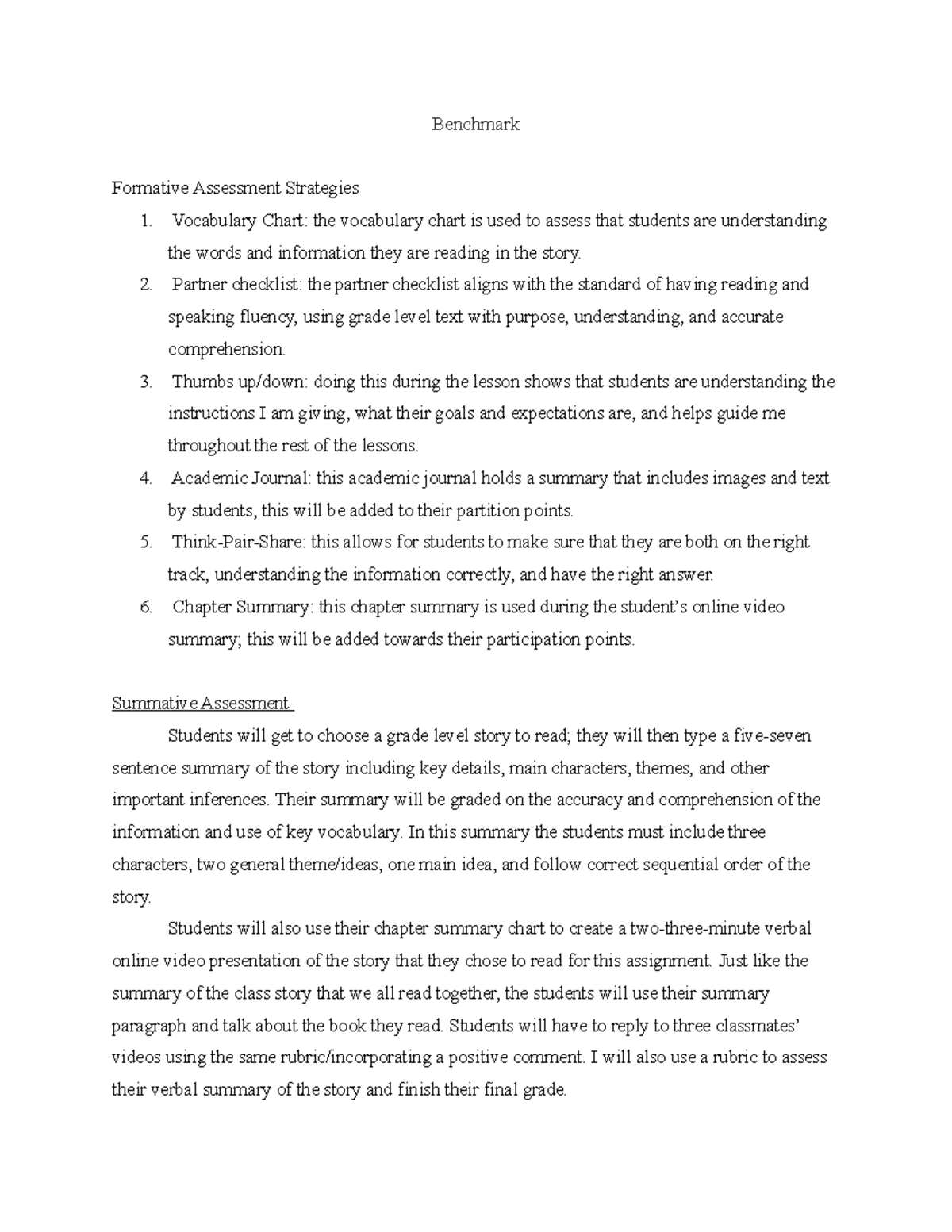 Benchmark- ELM 480 - Benchmark Formative Assessment Strategies 1. Vocabulary Chart: the ...