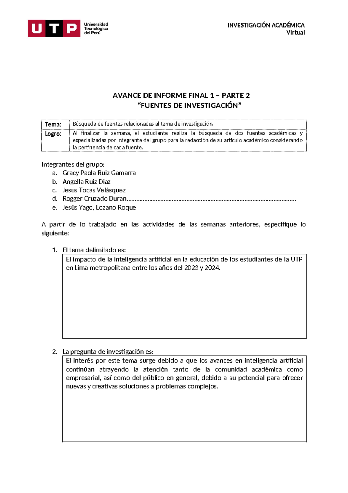 AC-S05 Semana 05- Avance de Informe Final 1 Parte 2 AIF1 - Virtual AVANCE DE INFORME FINAL 1 ...