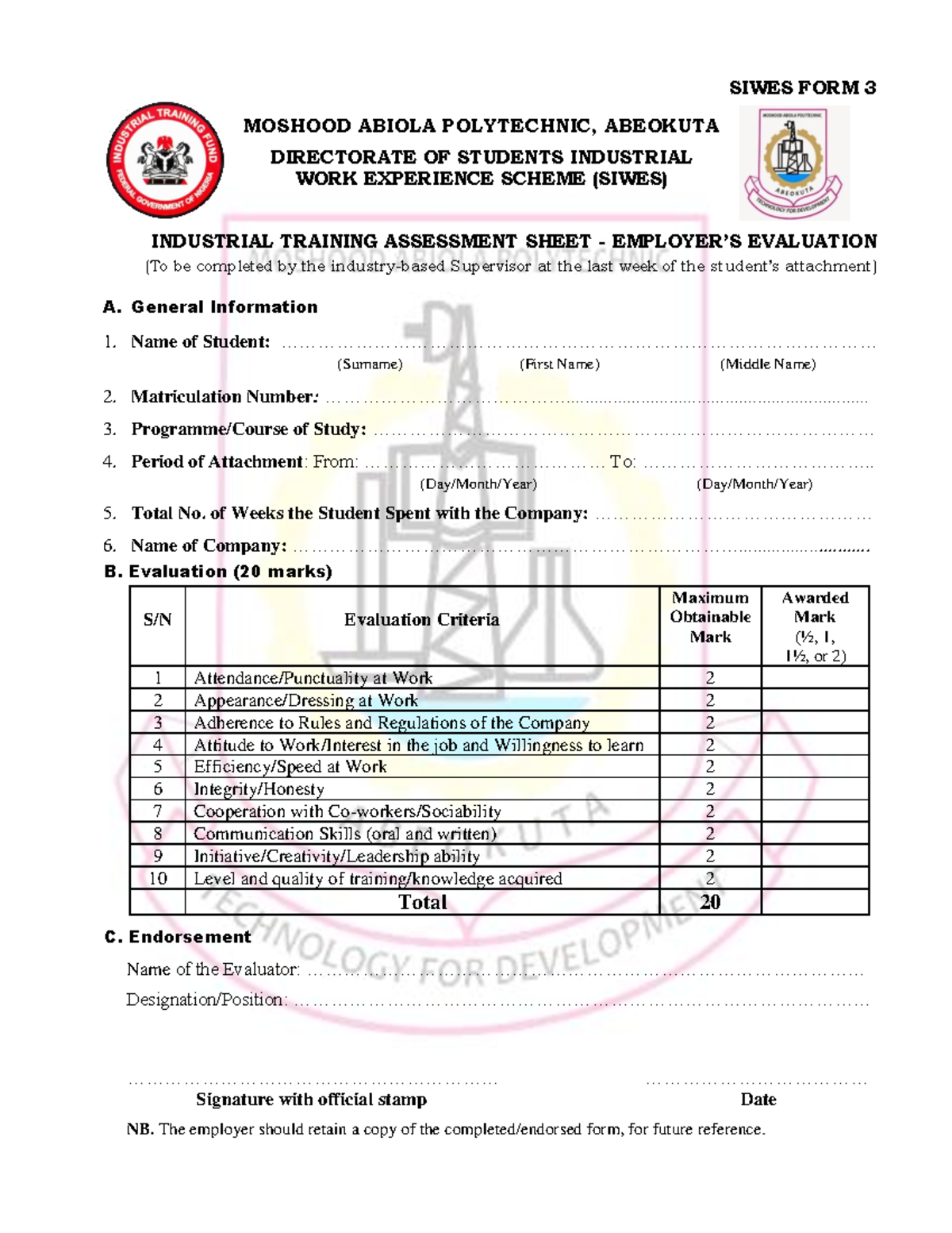 Siwes- Employer's Assessment Form - Online Version - SIWES FORM 3 ...