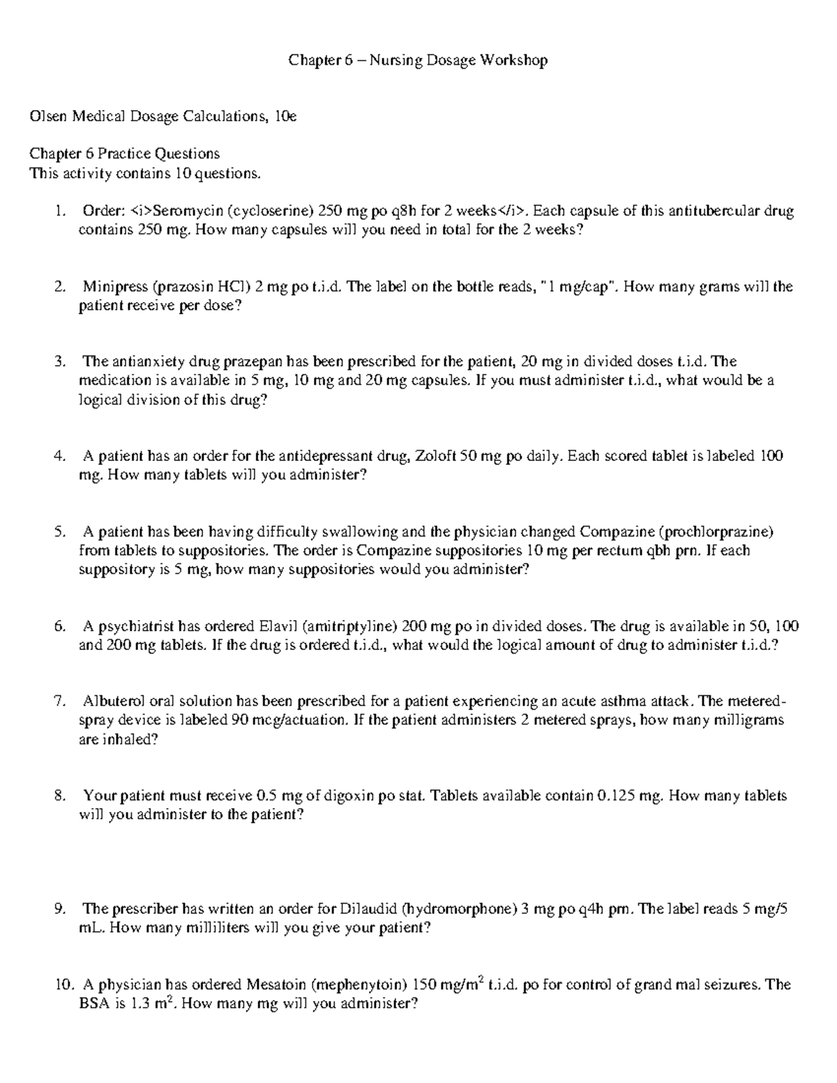 Chapter 6 worksheet - Nursing calculations practice - Olsen Medical ...