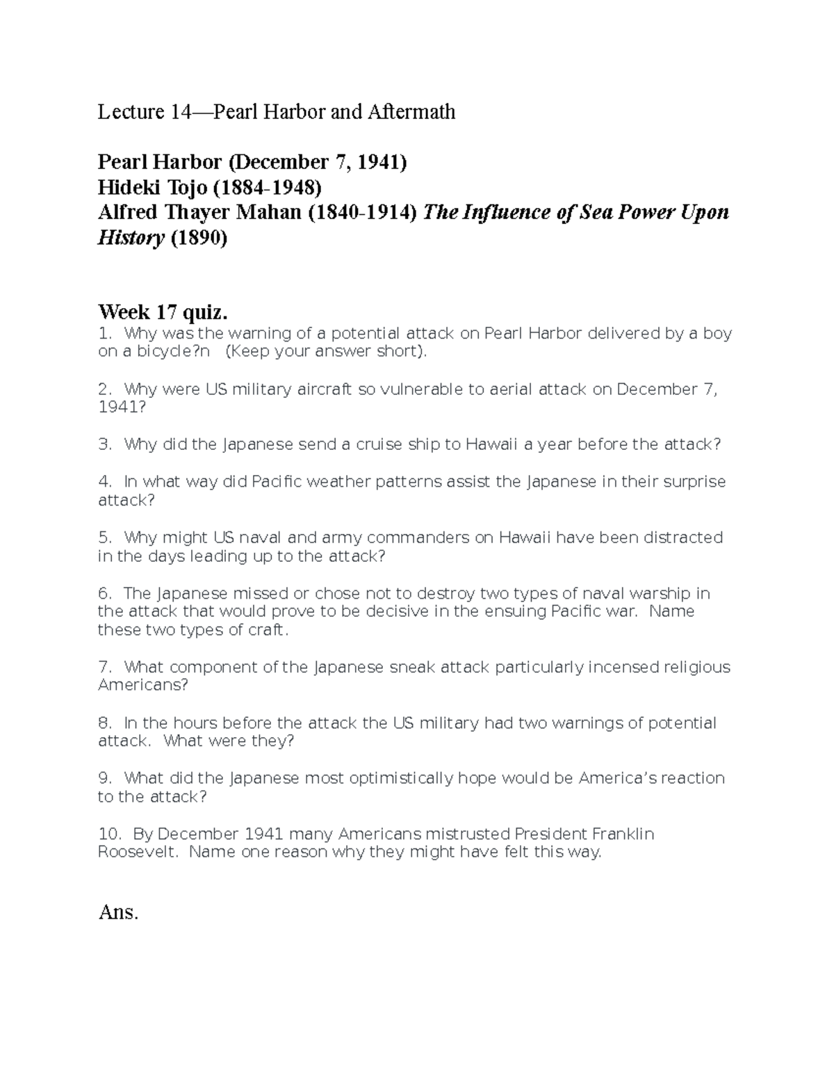 Lecture 14-Pearl Harbor and Aftermath Terms - Lecture 14—Pearl Harbor ...