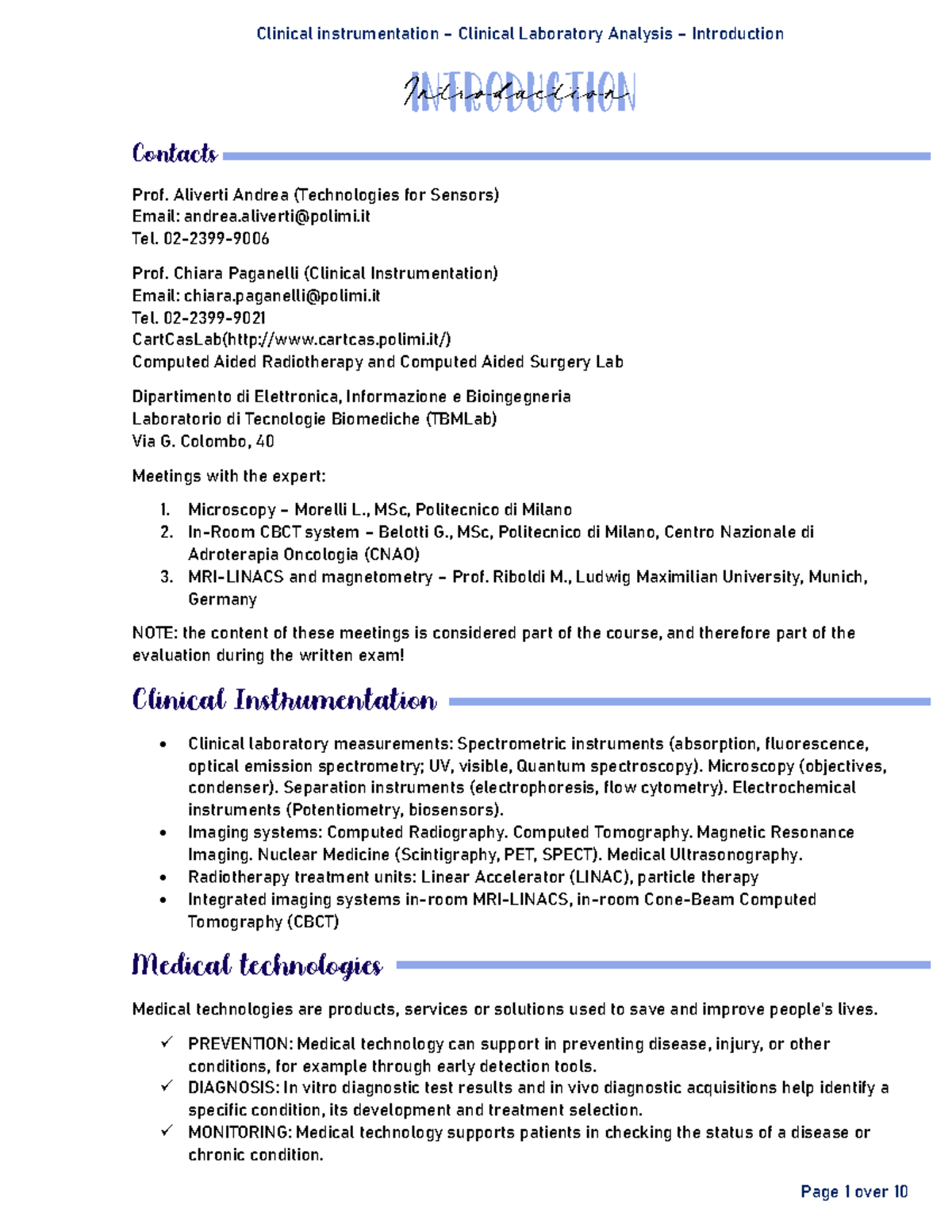 Lecture 1 - Introduction - Contacts Prof. Aliverti Andrea (Technologies for Sensors) Email ...