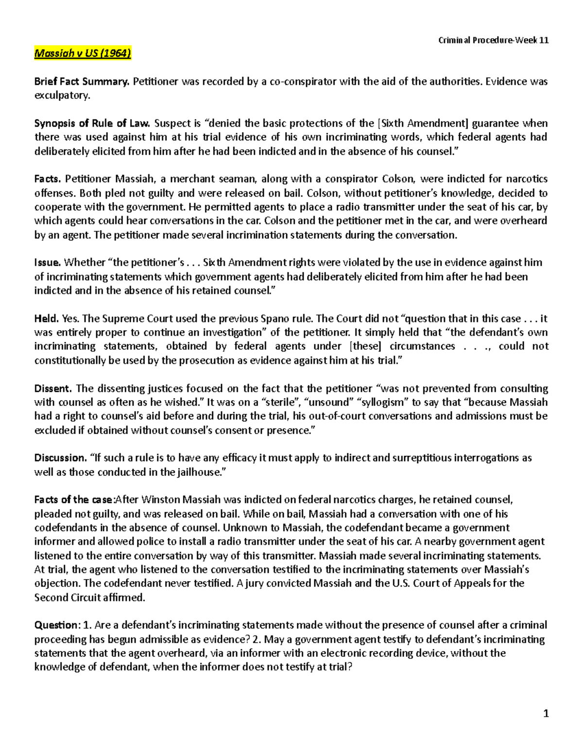 Crim Pro- WK 11 - Case law for criminal procedure, identifying issue ...