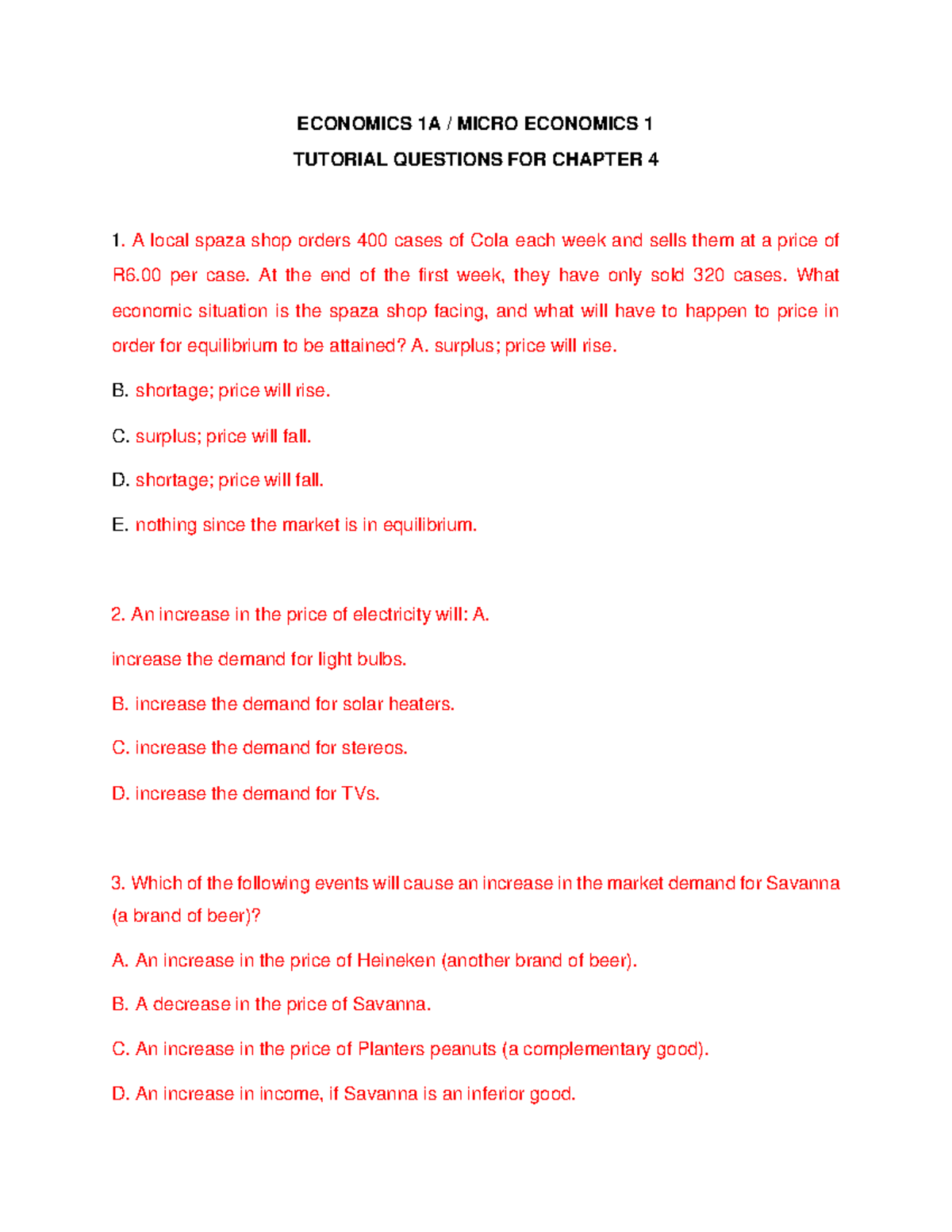 Chapter 4 Multiple Choice Questions AND Short Questions - ECONOMICS 1A ...