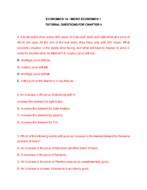 Chapter 1 Tutorial Questions - Tutorial Questions Chapter 1 MICROECONOMICS 1A The economic ...