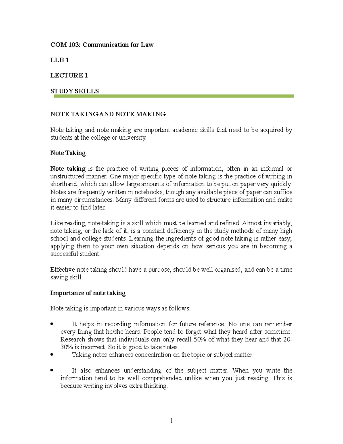 Communication Skills By Kitonka COM 103 Communication For Law LLB 1