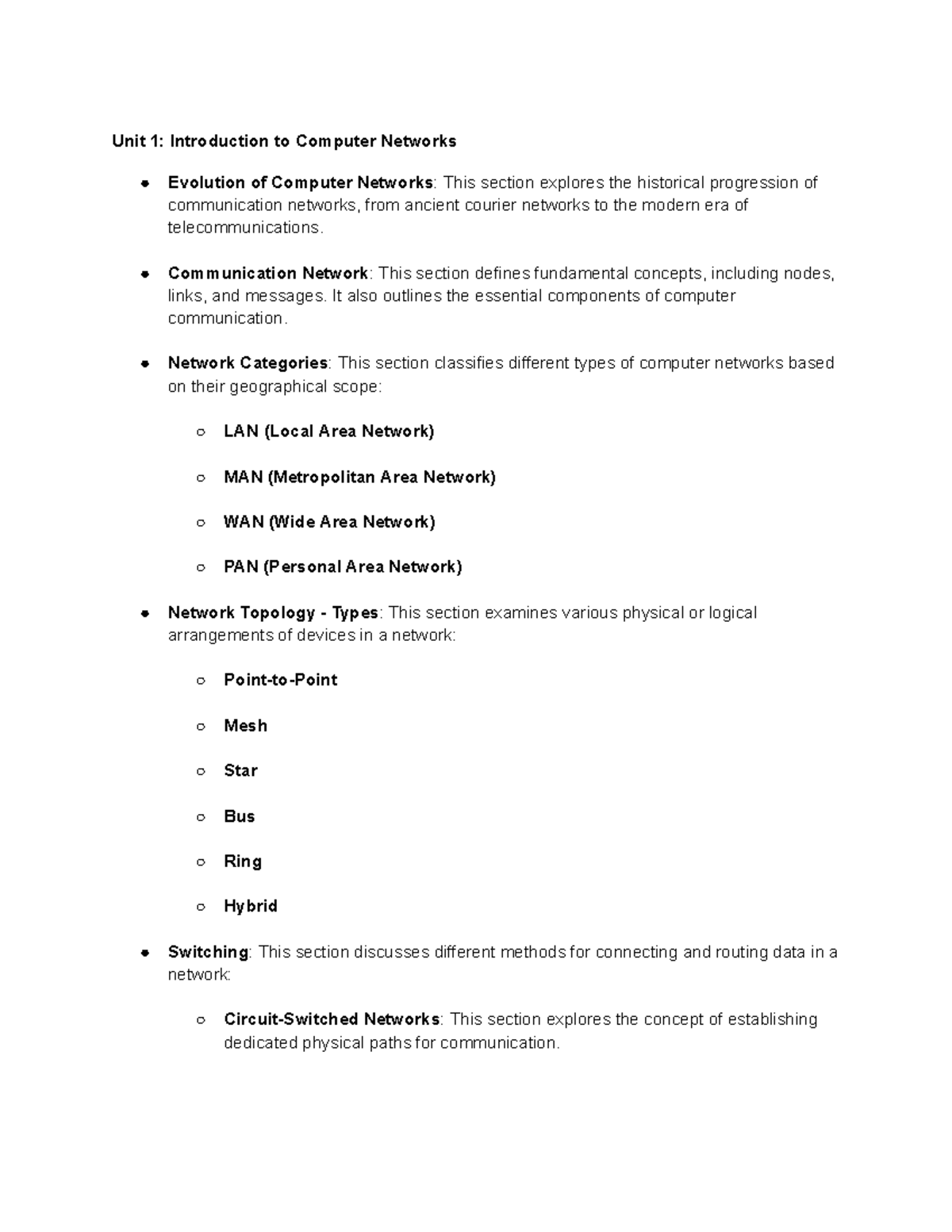 CN Unit 1 - Unit 1 Summarized - Unit 1: Introduction to Computer Networks Evolution of Computer ...