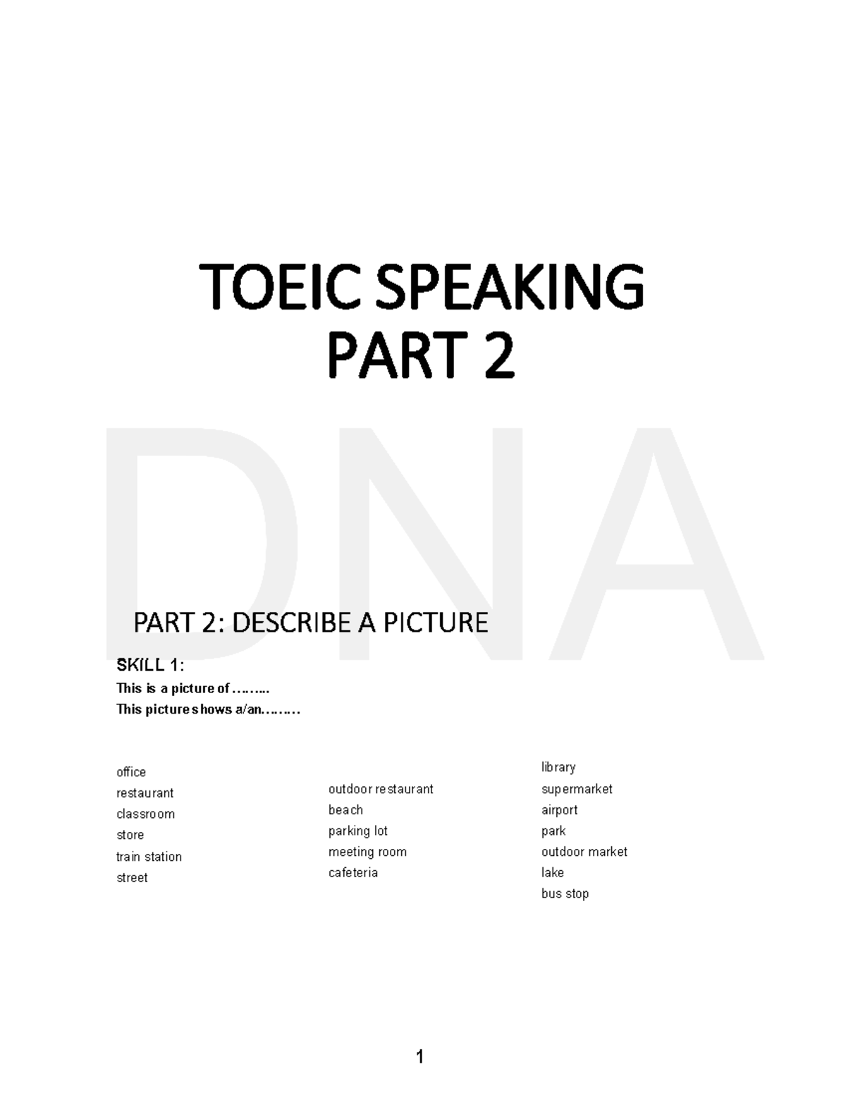 Toeic Speaking PART 2 - SKILL 1: outdoor restaurant beach parking lot ...