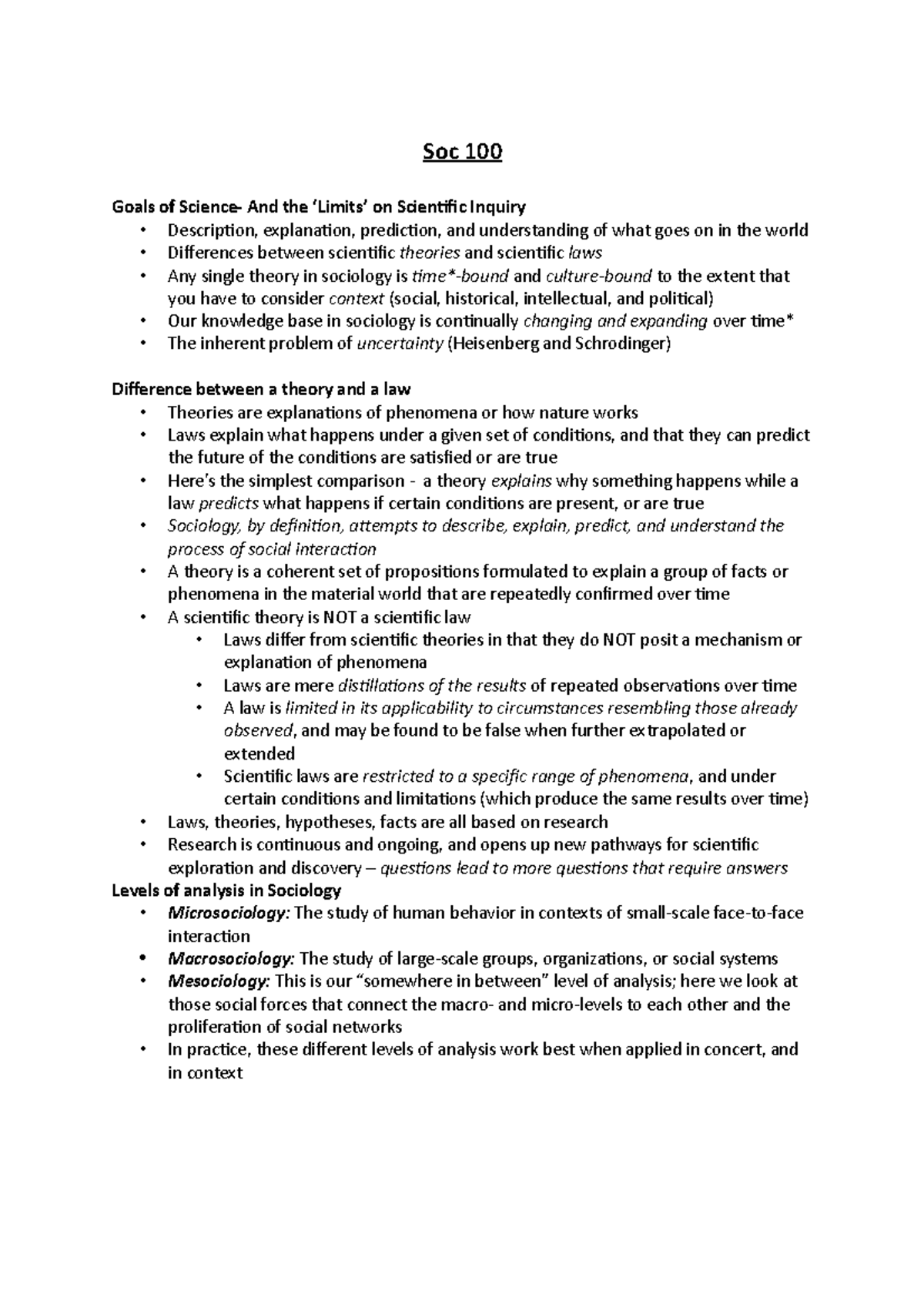 Soc 100 - Lecture notes 2 - Soc 100 Goals of Science- And the ‘Limits ...