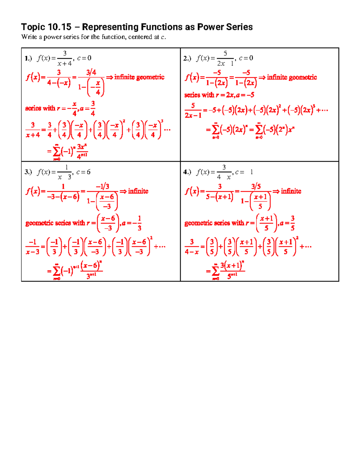 representing functions as power series - Topic 10 – Representing Functions as Power Series Write ...
