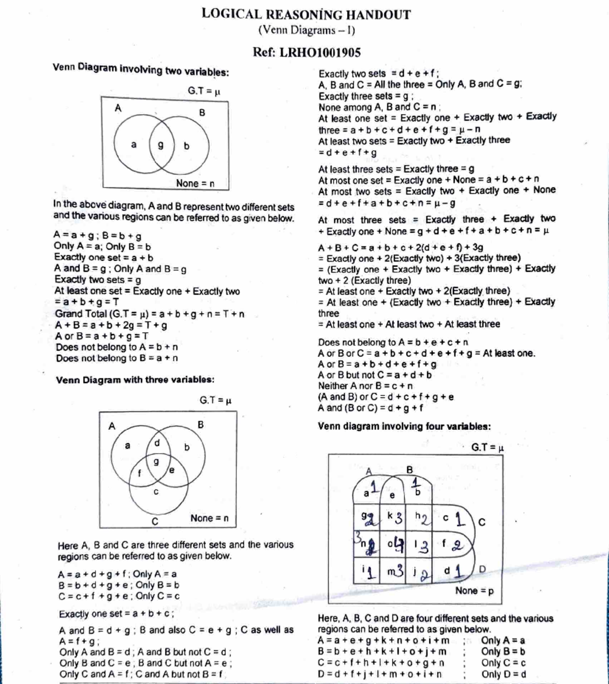 Venn Diagrams question - LOGICAL REASONiNG HANDOUT ####### (Venn Diagrams - I) Ref: LRHOlO0l 905 ...