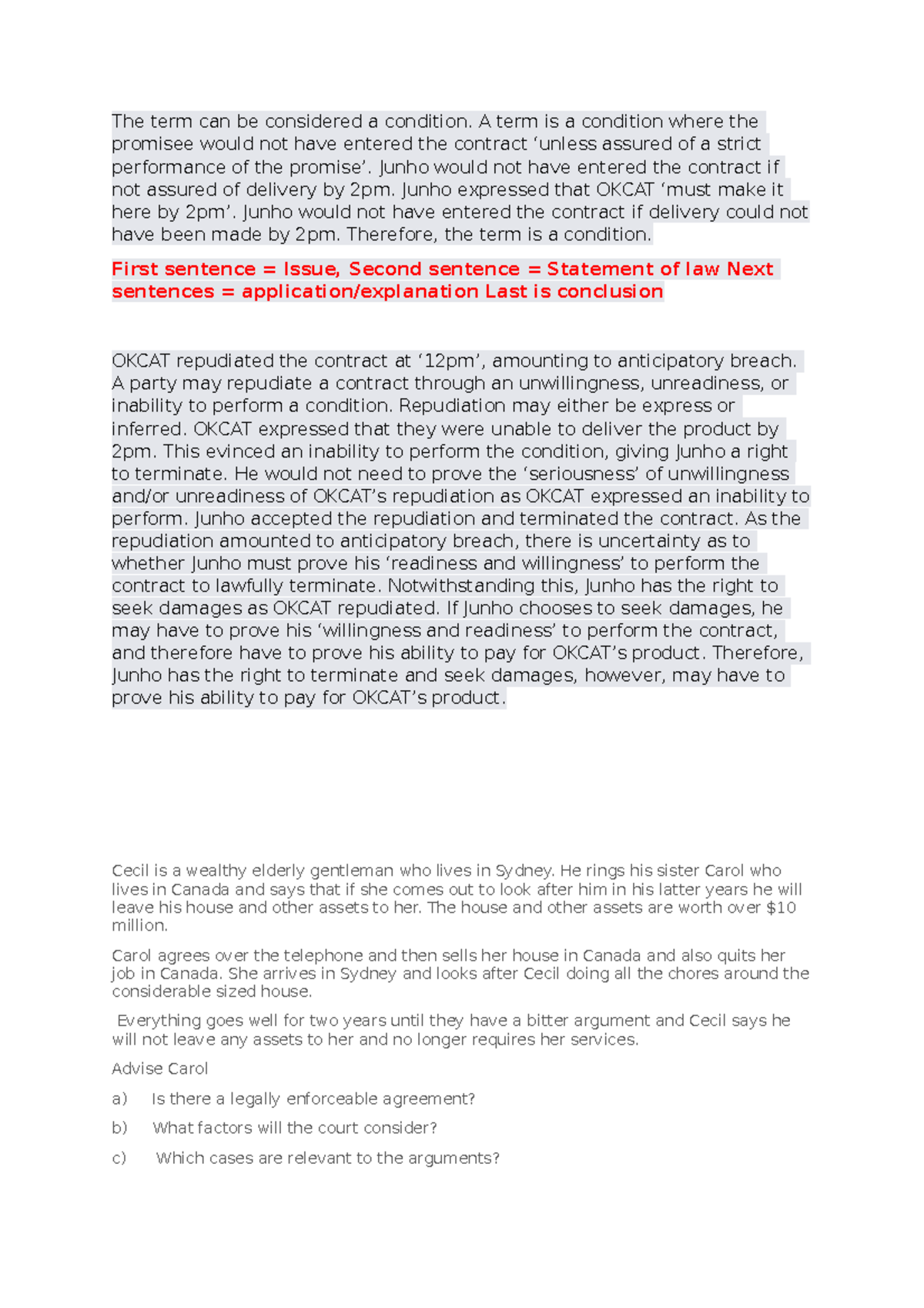 Example IRAC answer - aas - The term can be considered a condition. A ...