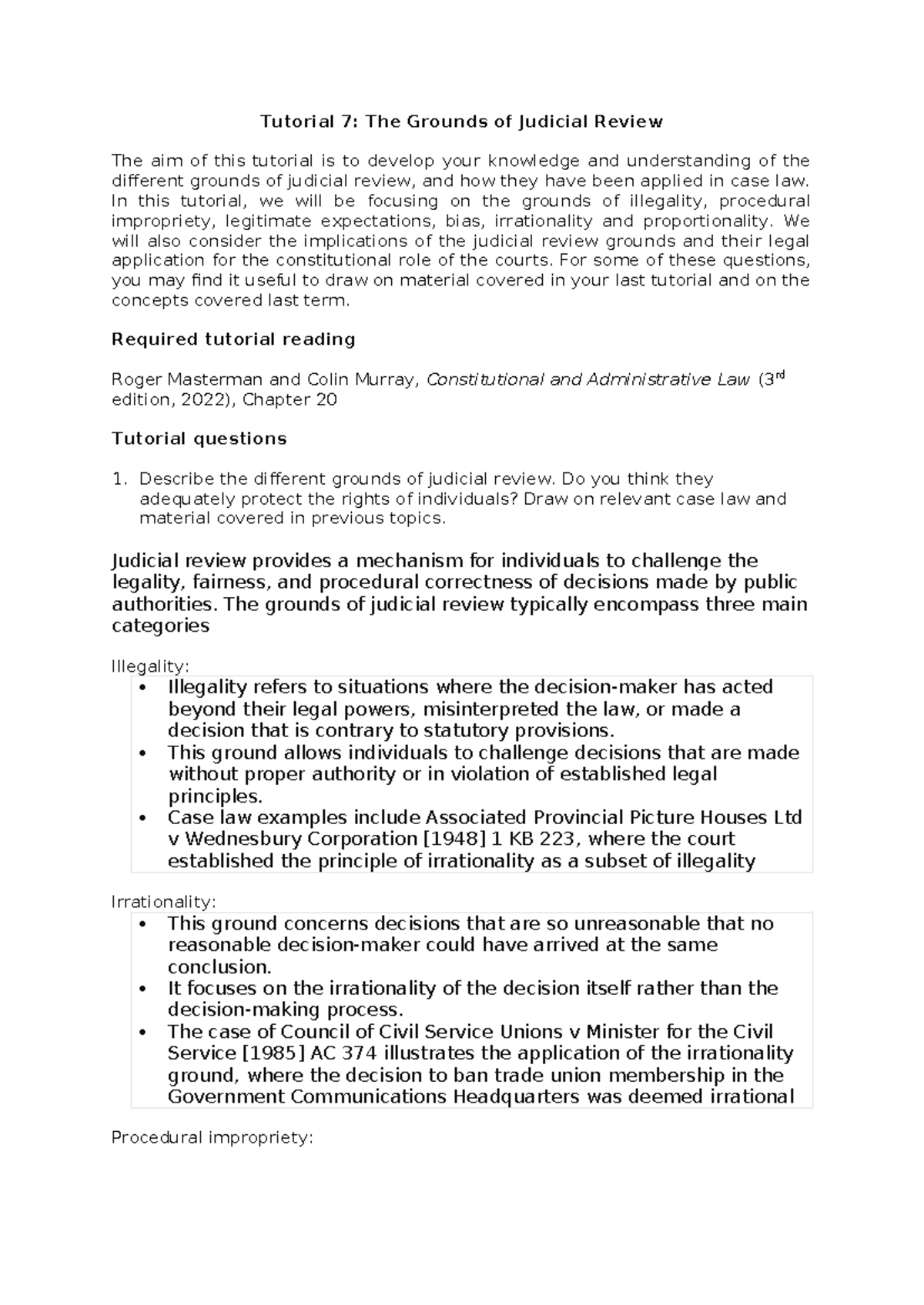 Tutorial 7 - tut - Tutorial 7: The Grounds of Judicial Review The aim ...