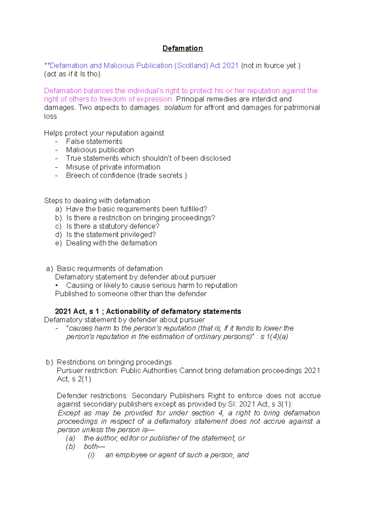 Defamation notes - Defamation **Defamation and Malicious Publication ...