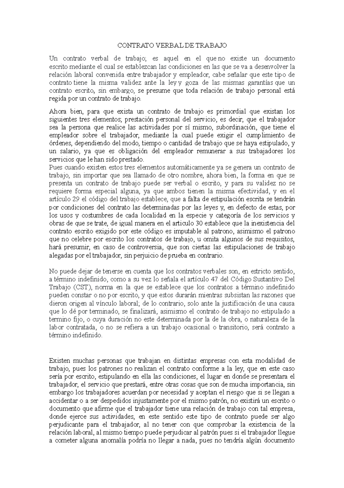 Ensayo. Contrato Verbal DE Trabajo.1.2 - CONTRATO VERBAL DE TRABAJO Un ...