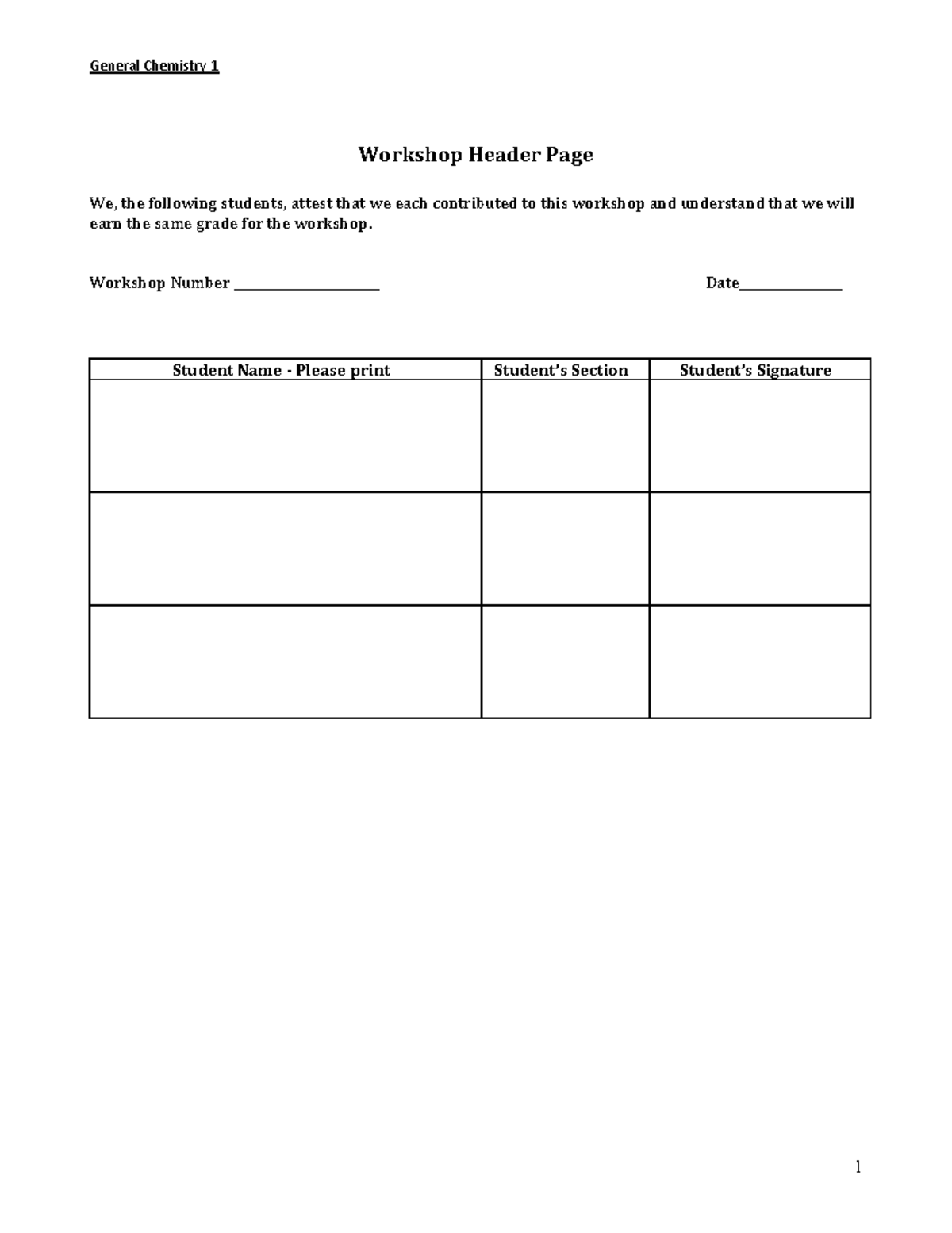 General Chemistry I Workshop 13 - Workshop Header Page We, the ...