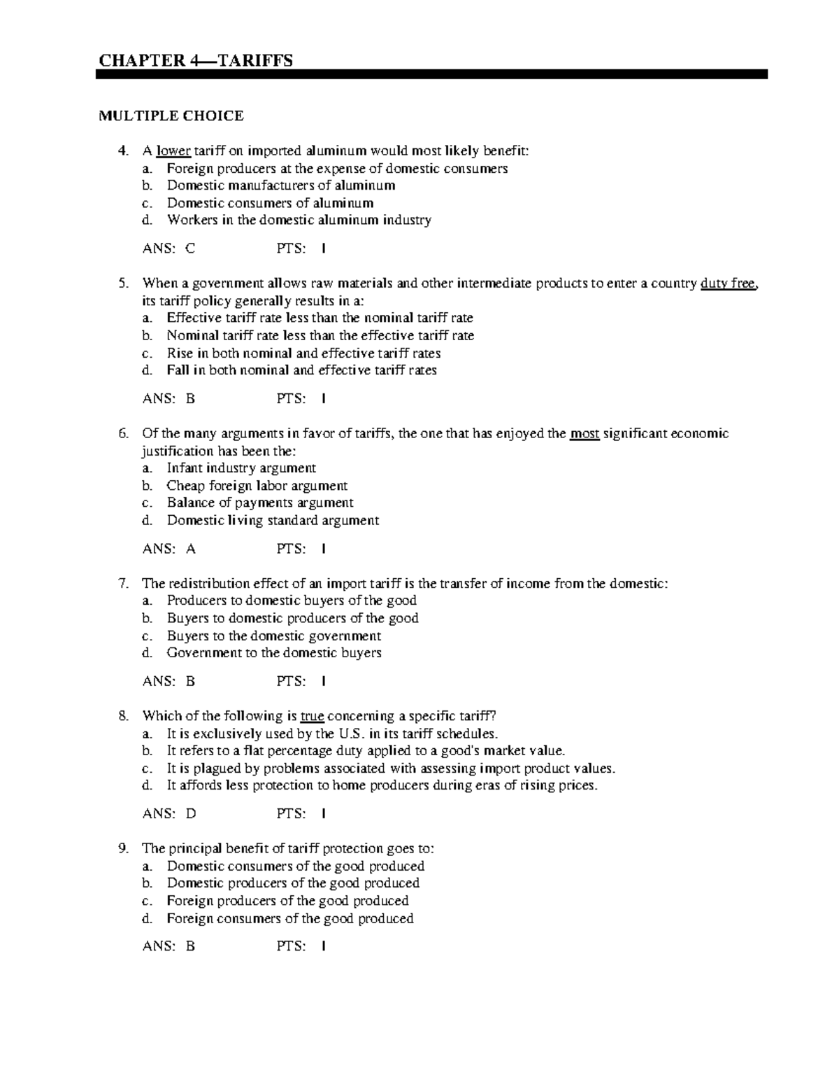 Chapter 04 Test Bank Sample Questions - CHAPTER 4—TARIFFS MULTIPLE ...