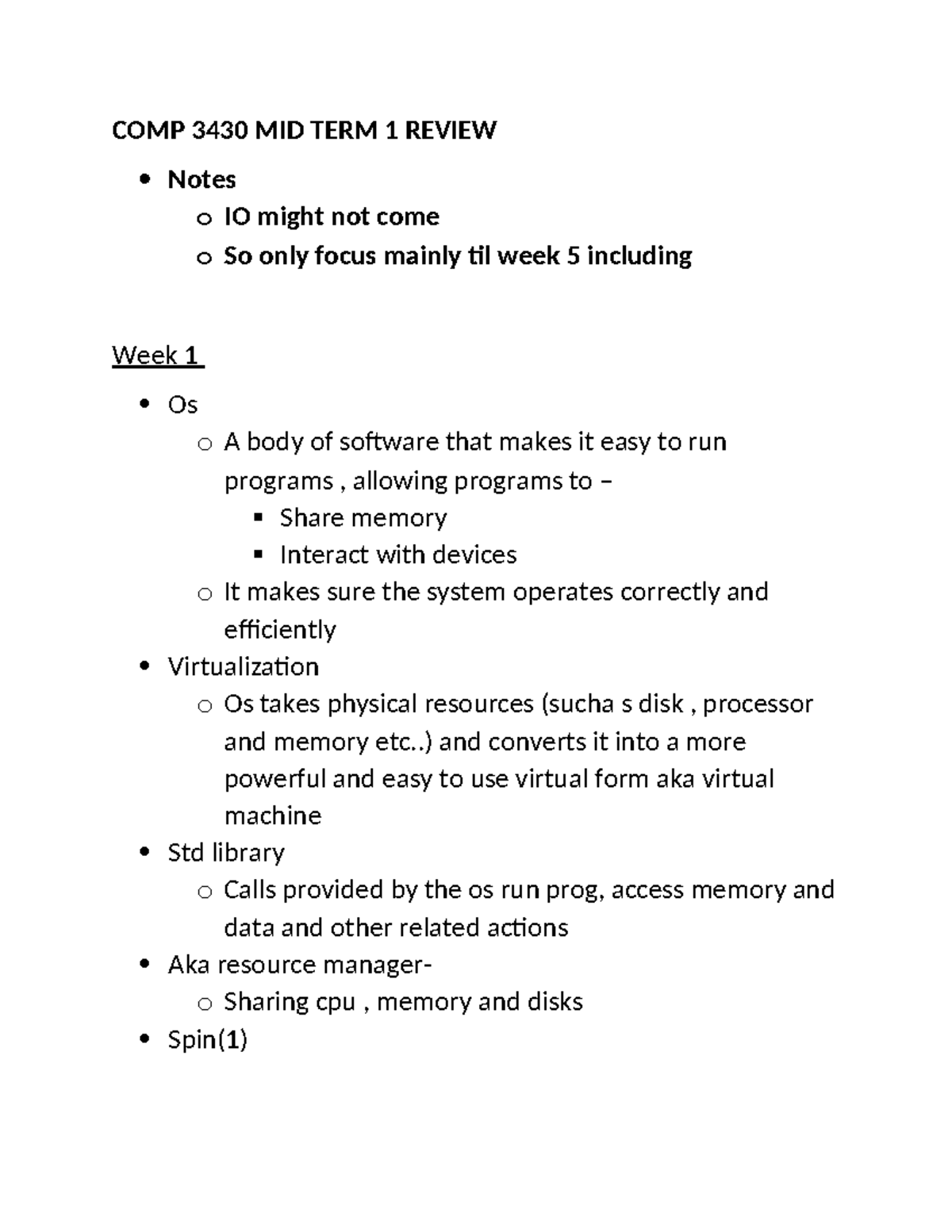 COMP 3430 MID TERM 1 Review - COMP 3430 MID TERM 1 REVIEW Notes o IO ...
