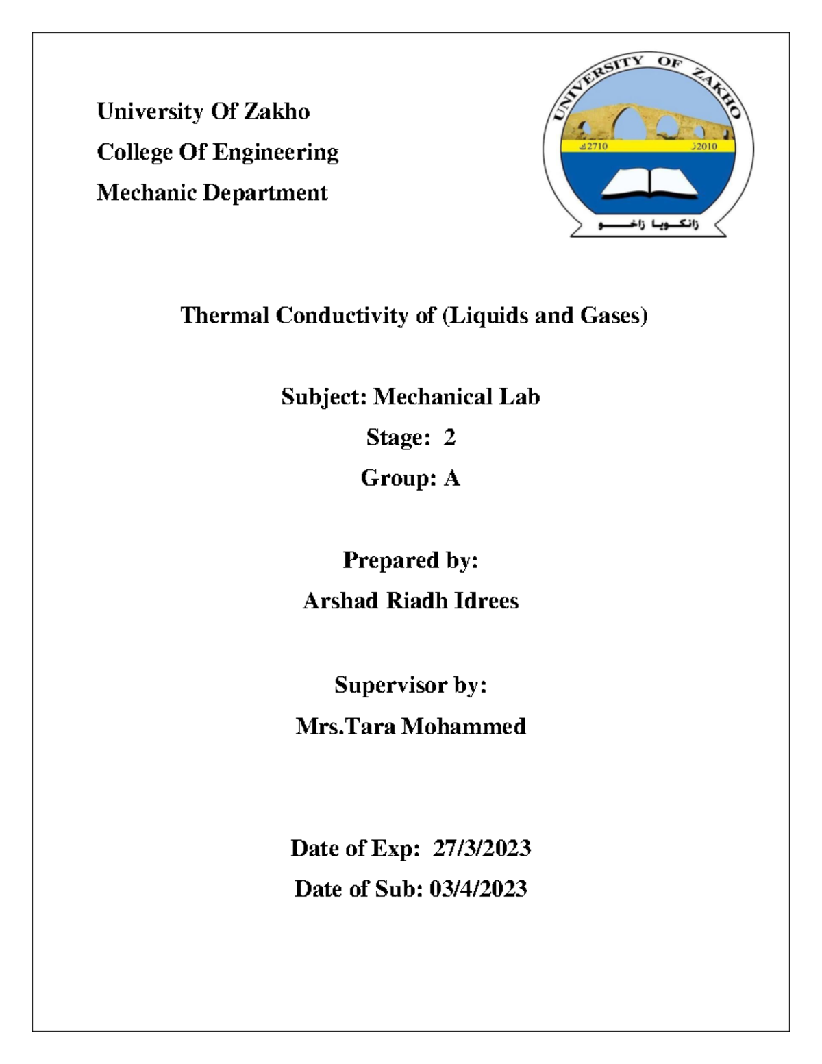 Experiment Use of the Fourier Rate Equation - University Of Zakho ...