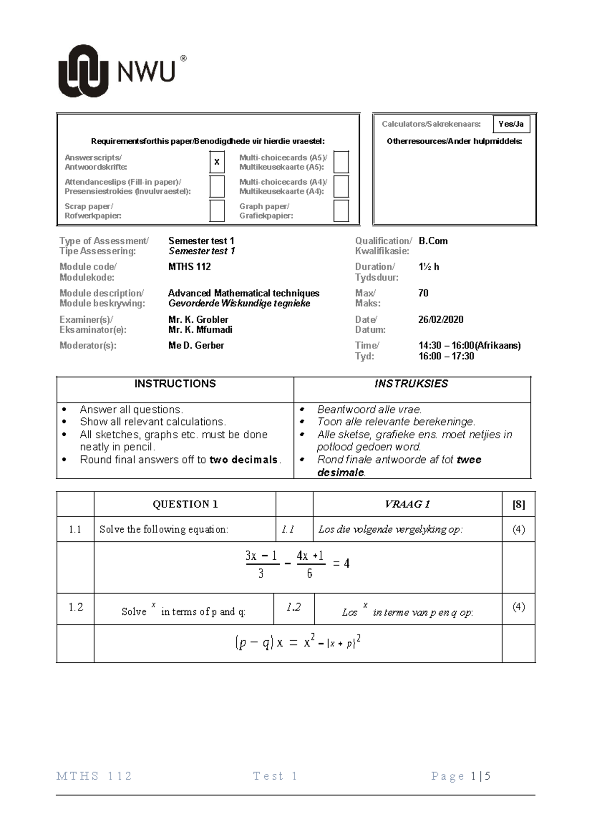 MTHS 112 Semeter test 1 2020 - Calculators/Sakrekenaars: Yes/Ja ...
