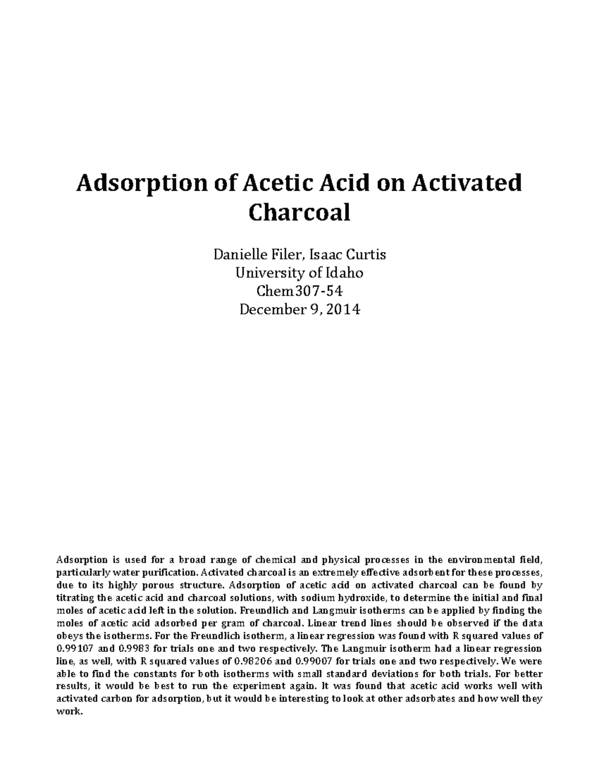 Pchem lab 4 aa - Lab work - Adsorption of Acetic Acid on Activated ...