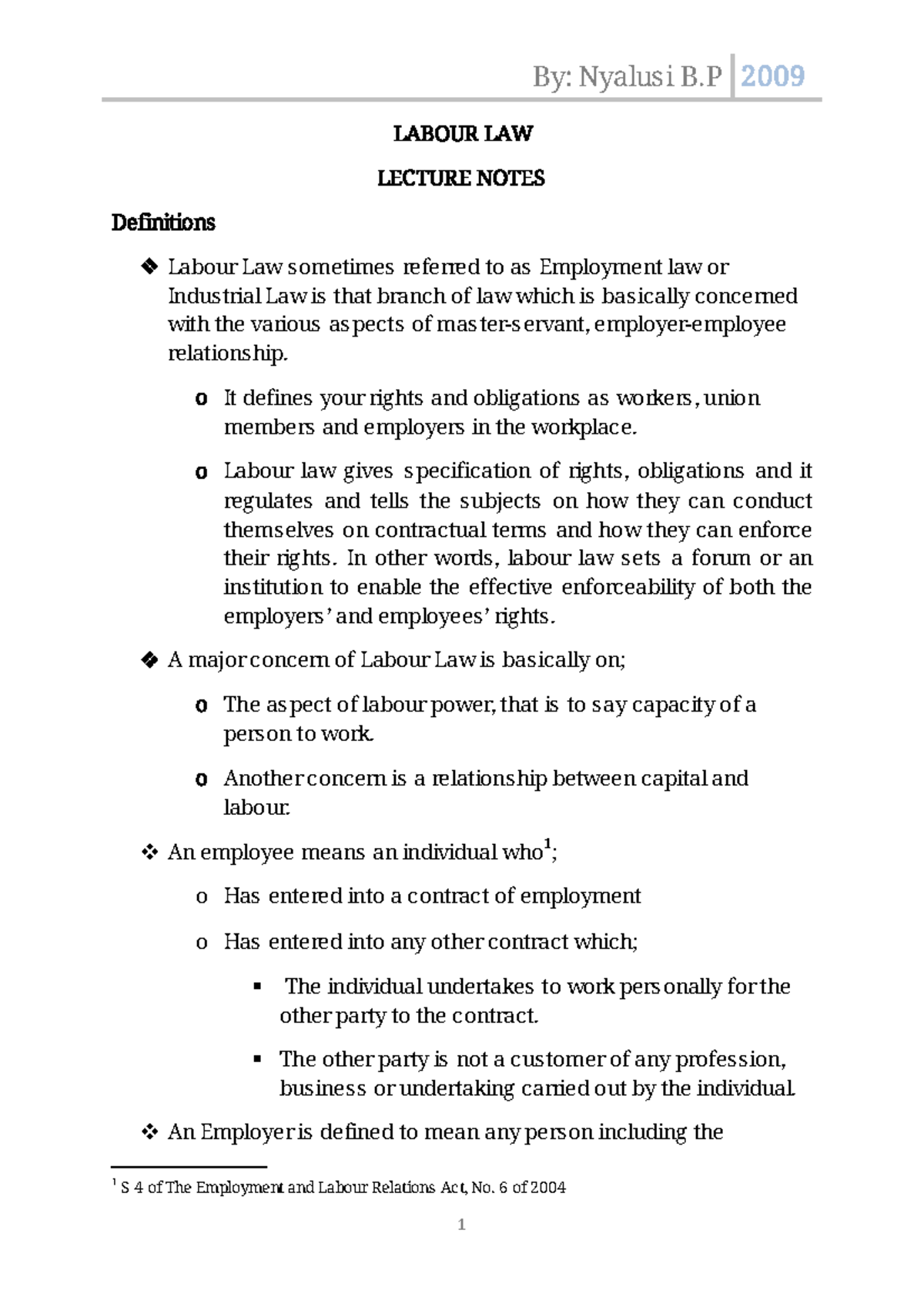 Labour LAW Lecture Notes DDP 1 - LABOUR LAW LECTURE NOTES Definitions ö ...
