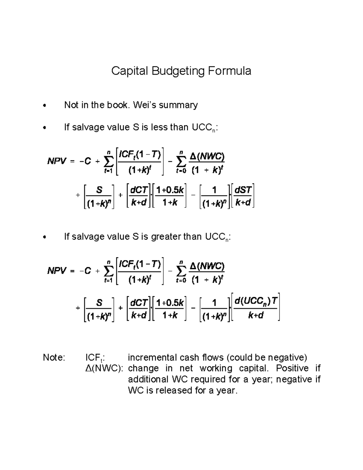 Capital Budget Capital Budgeting Formula C Not In The Book Wei s
