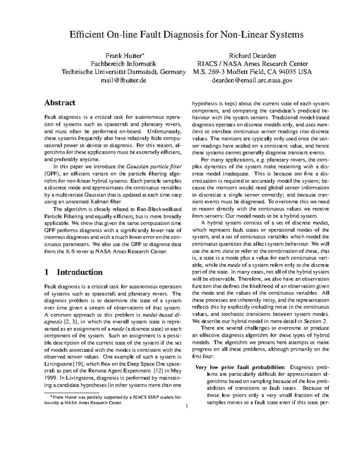 Efficient On-line Fault Diagnosis for Non-Linear Systems - 269-3 Moffett Field, CA 94035 USA ...