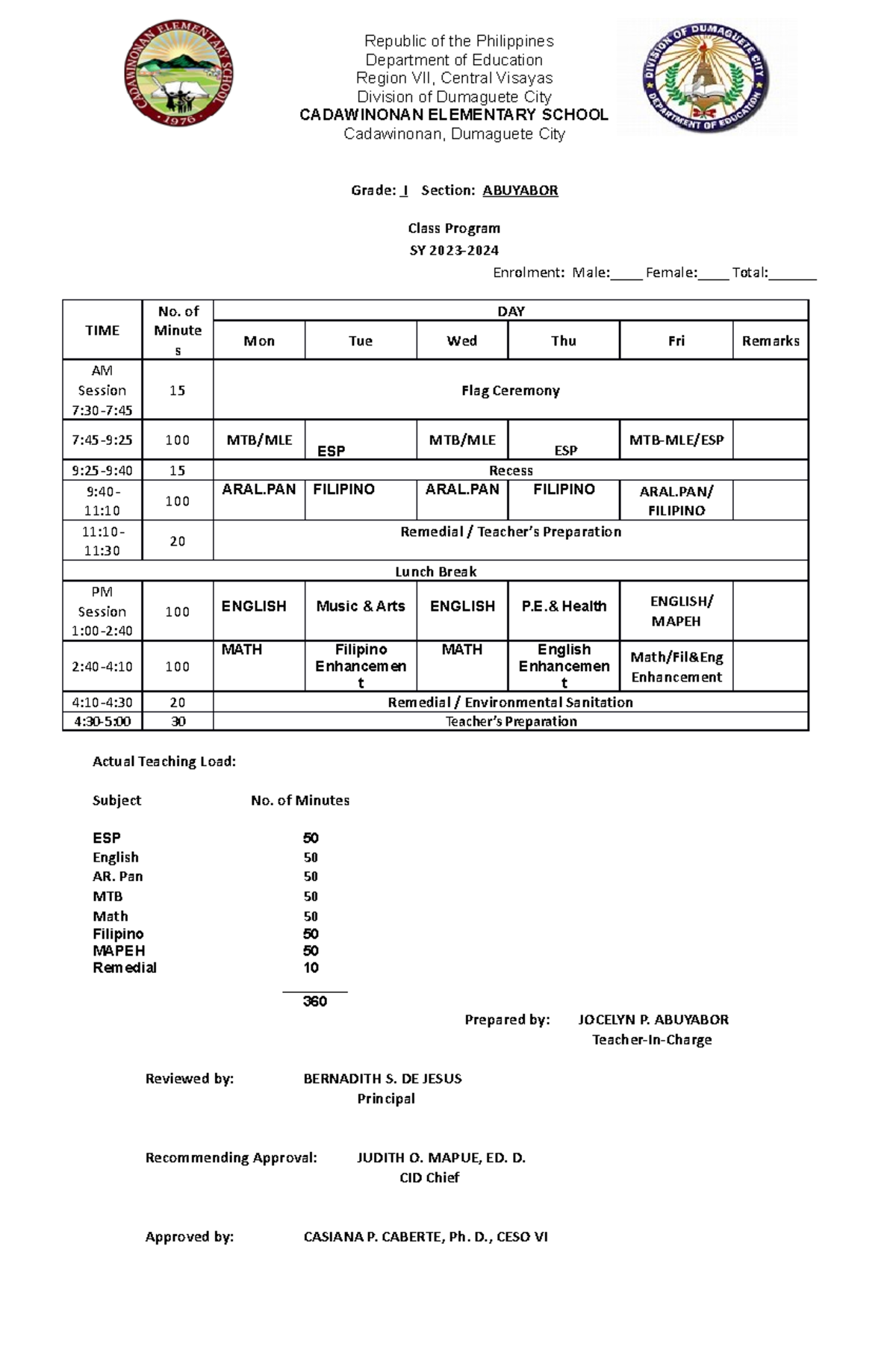 Gr1 - Class program - Republic of the Philippines Department of ...
