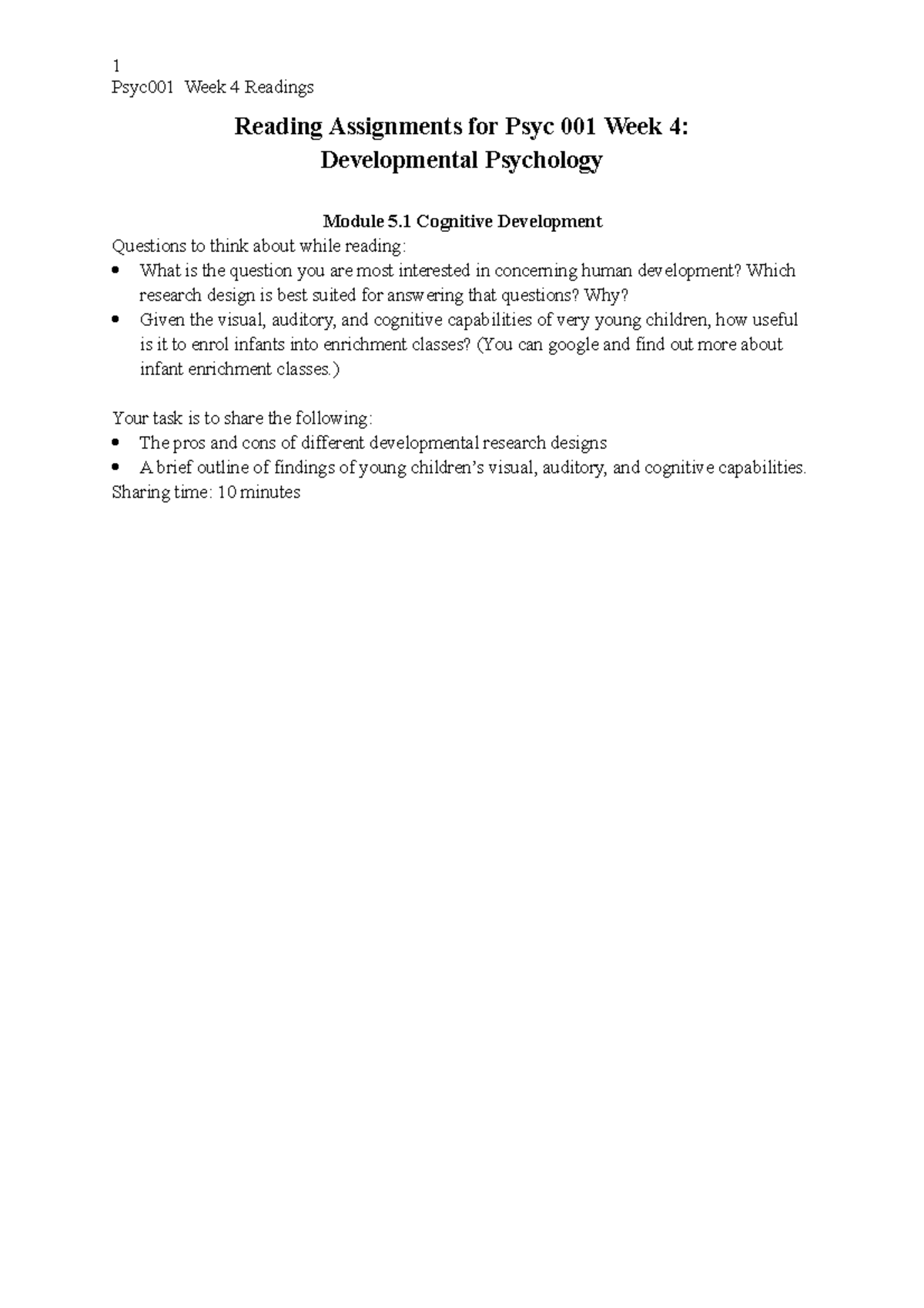 Developmental Psychology - Psyc001 Week 4 Readings Reading Assignments ...
