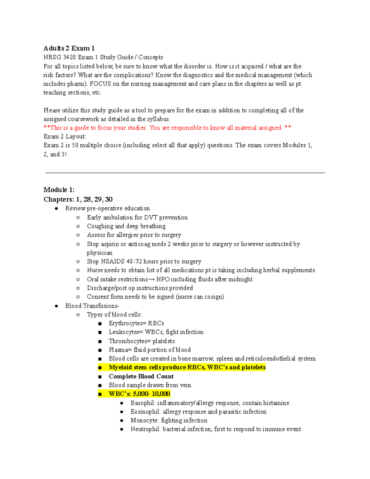 Adults 2 Exam 1 - study guide - Adults 2 Exam 1 NRSG 3420 Exam 1 Study Guide / Concepts For all ...