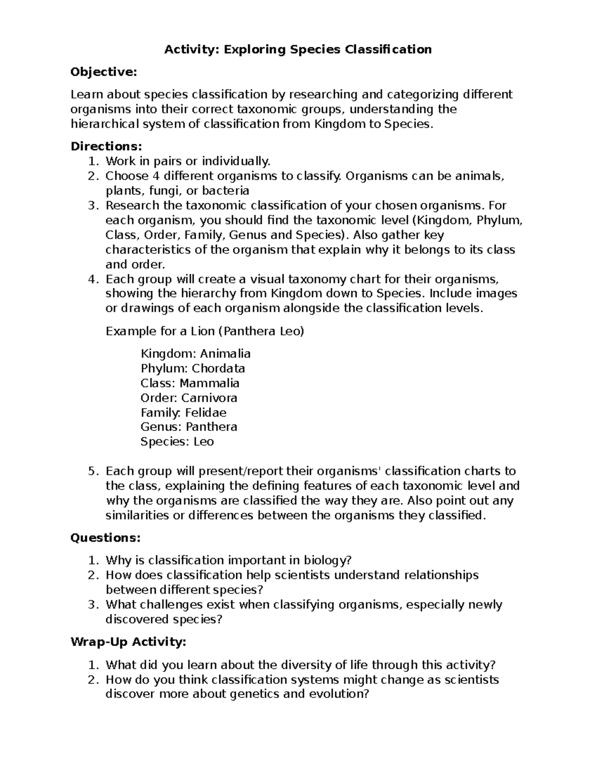 Exploring Species Classification - Activity: Exploring Species ...