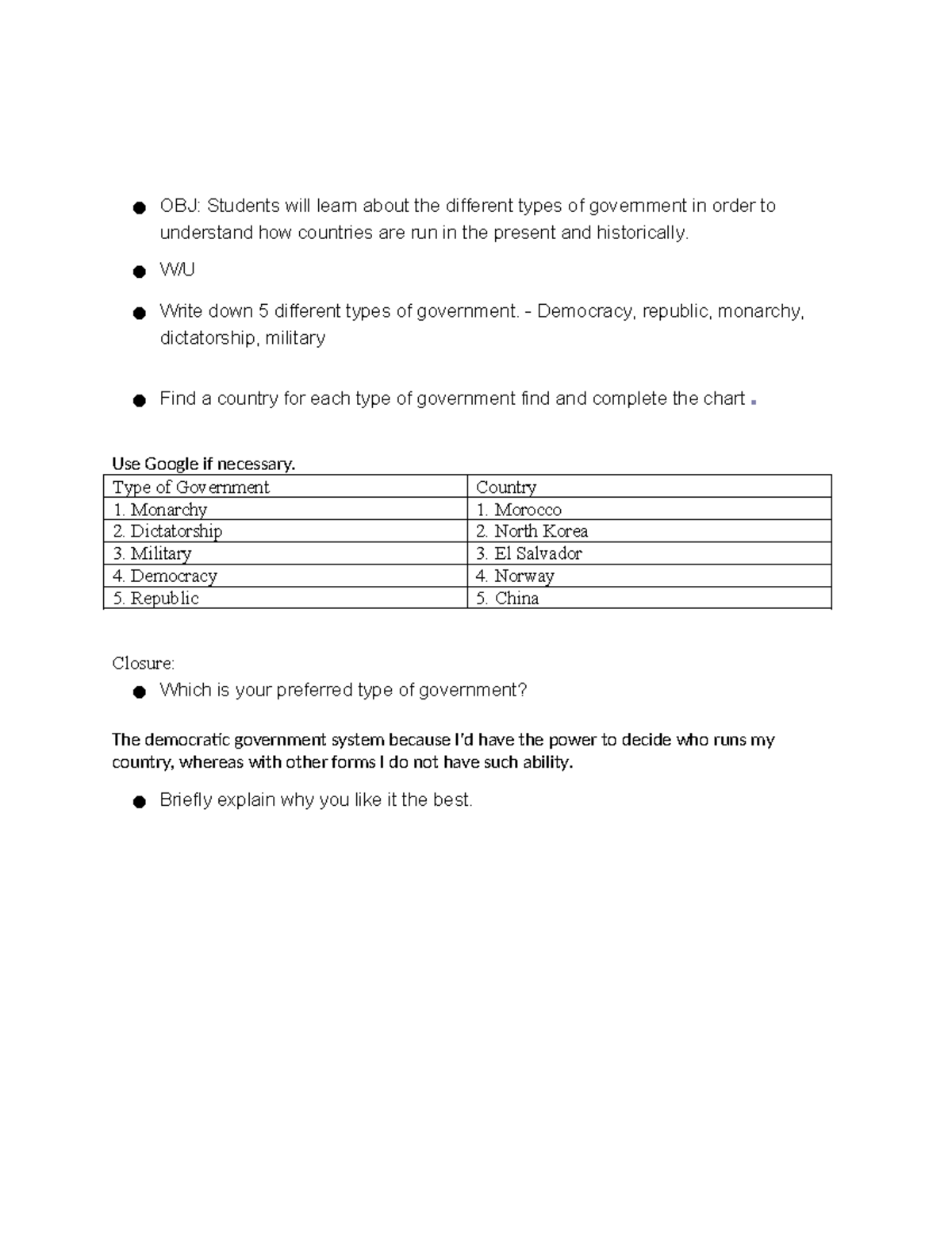 Copy of LSN types of government 2021-1 - OBJ: Students will learn about ...