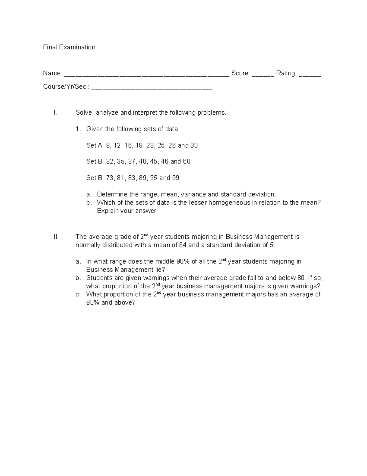 Final Examination in Statistics in Education - Final Examination Name ...