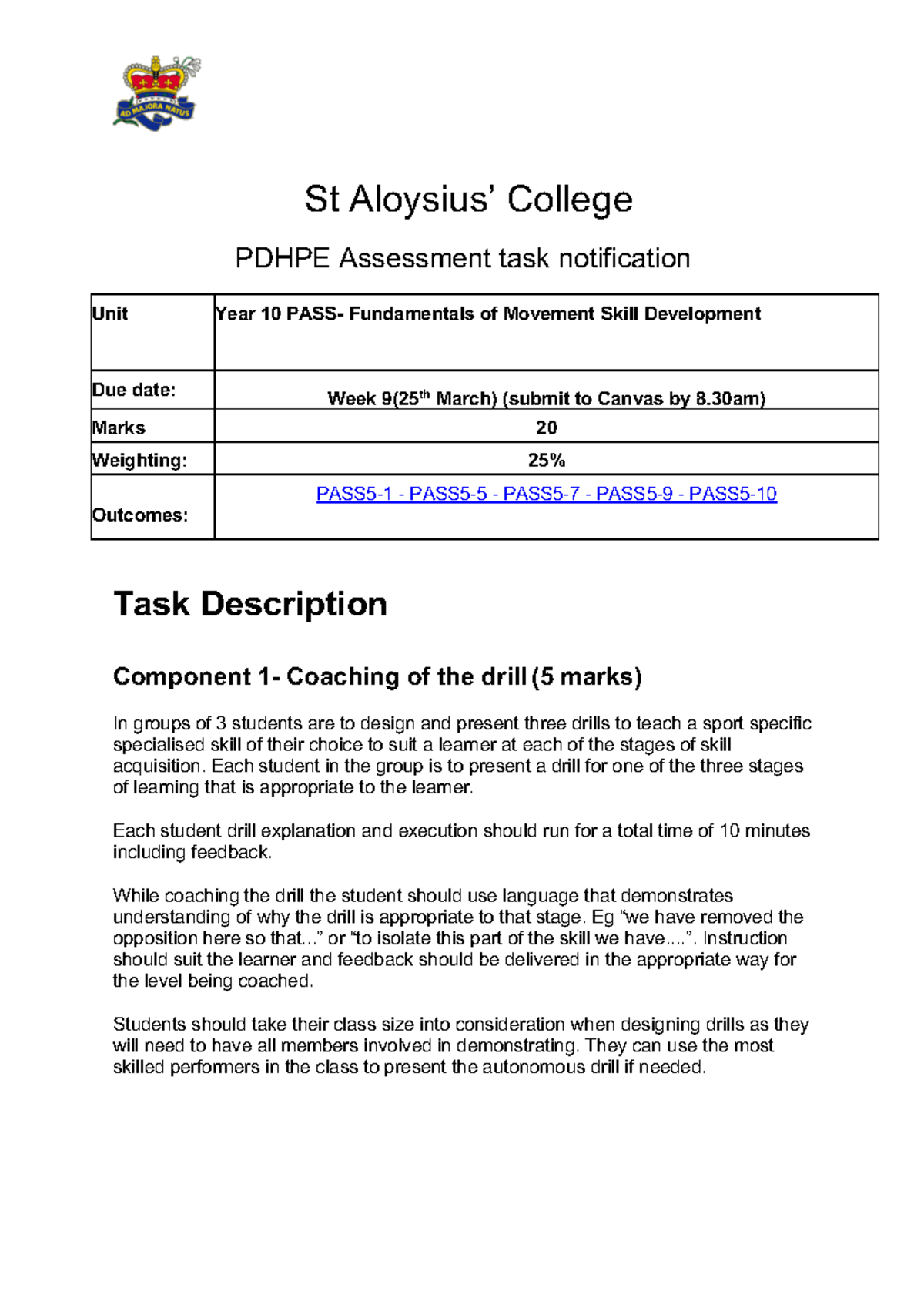 10 PASS assessment - St Aloysius’ College PDHPE Assessment task ...