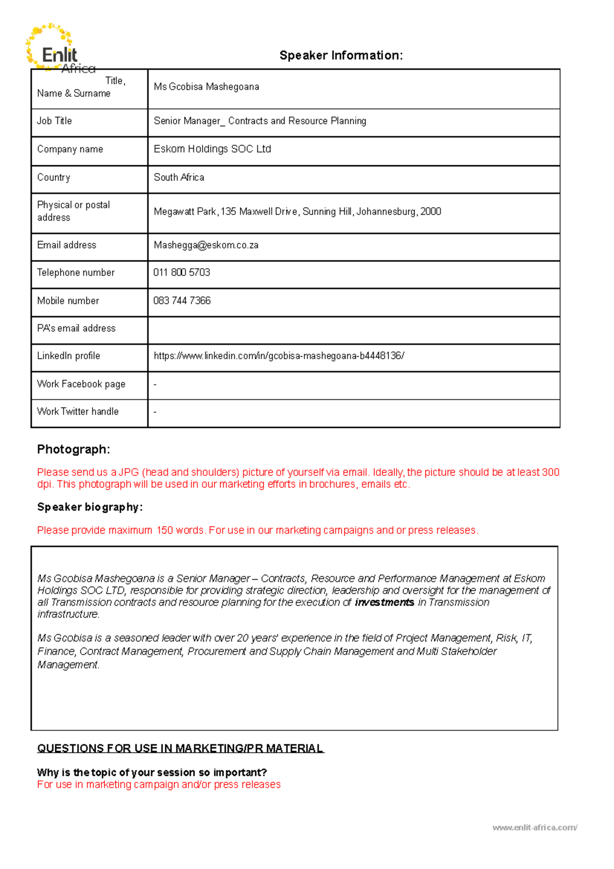 Template speaker profile form - Speaker Information: Title, Name ...