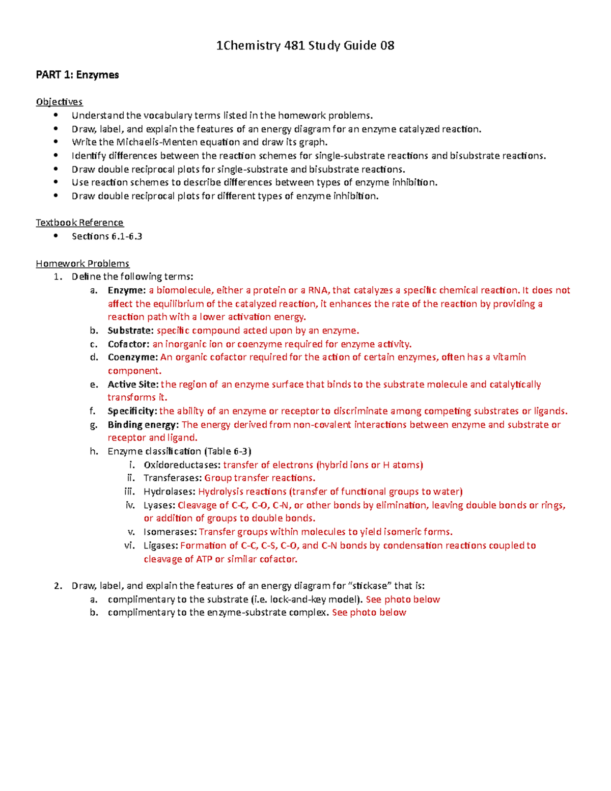 Biochem Study Guide 8 - 1Chemistry 481 Study Guide 08 PART 1: Enzymes ...