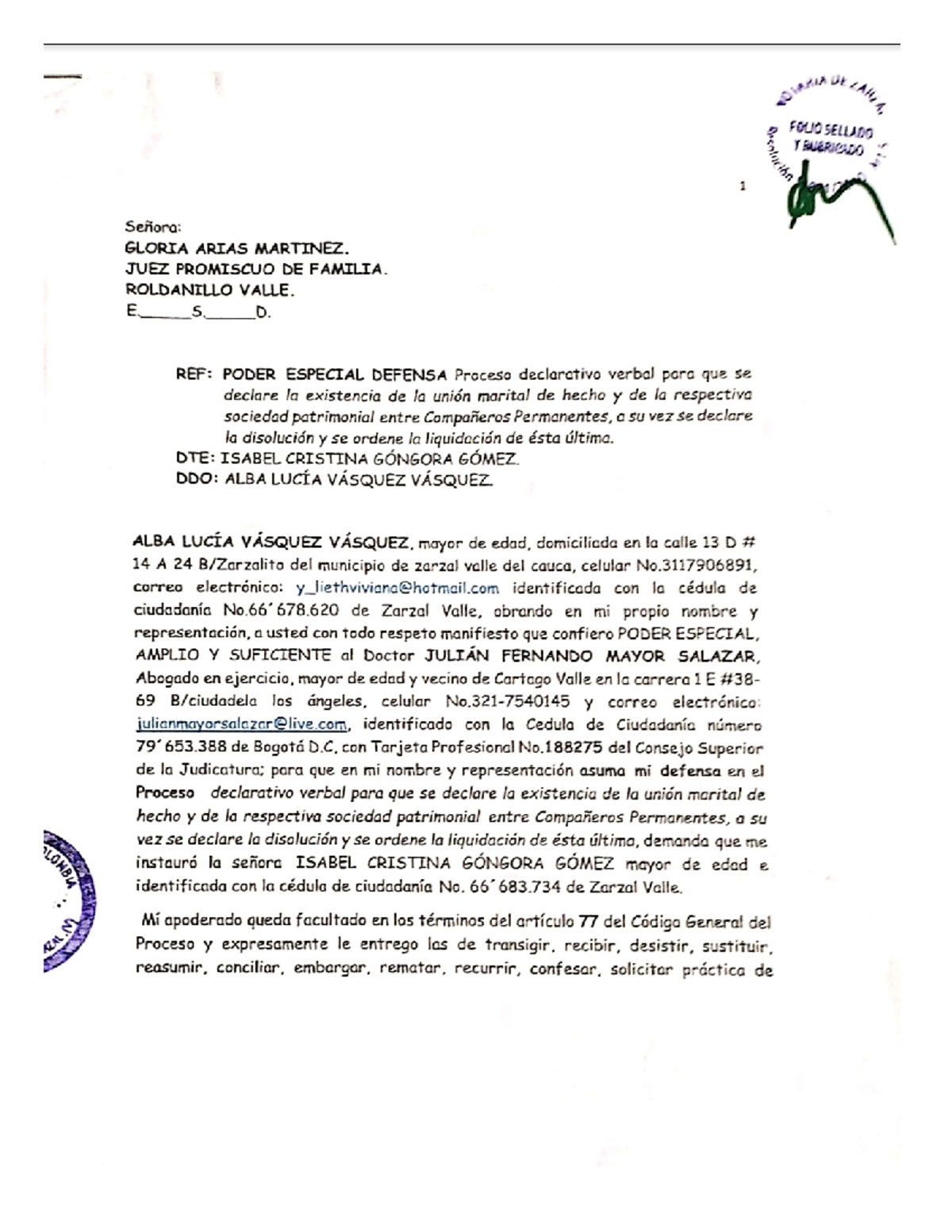 Poder defensa Unión Marital de hecho - Derecho familia - Studocu