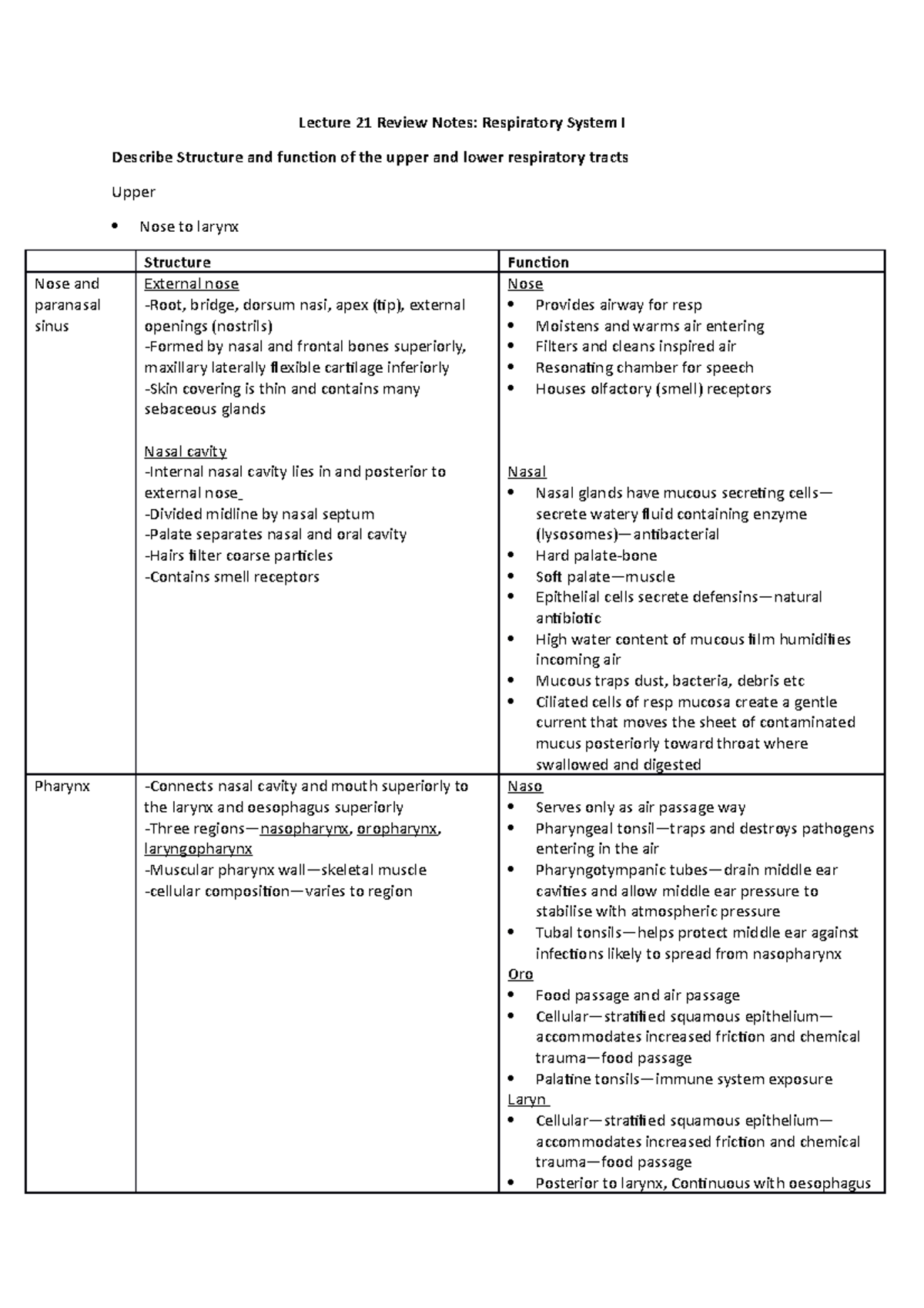 Respiratory I: Respiratory System - Lecture 21 Review Notes ...