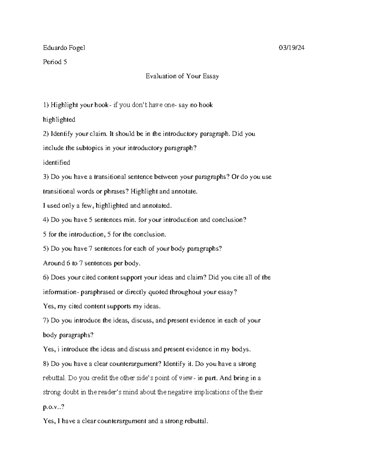 Eduardo Fogel 031924-2 - Eduardo Fogel 03/19/ Period 5 Evaluation of ...