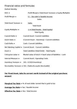 Finance 101 Formula Sheet - Formula sheet 1. Time Value of Money 1 m ...
