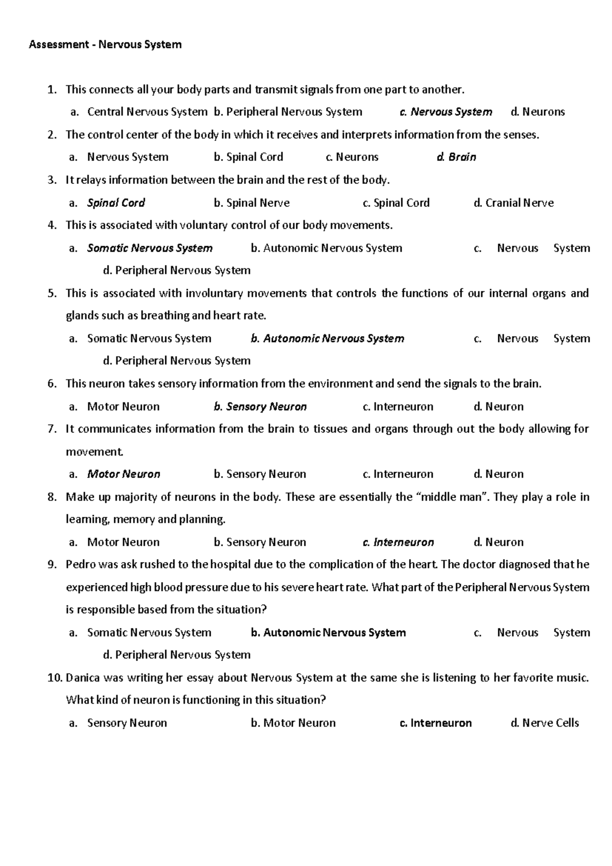 Assessments - Nervous System - This connects all your body parts and ...