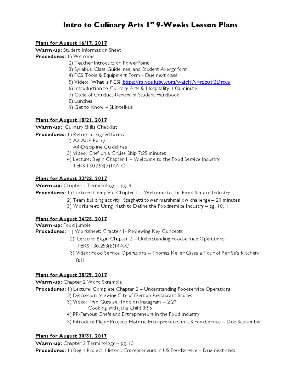 Intro to Culinary 1st 9 Weeks Lesson Plans - Intro to Culinary Arts 1 ...