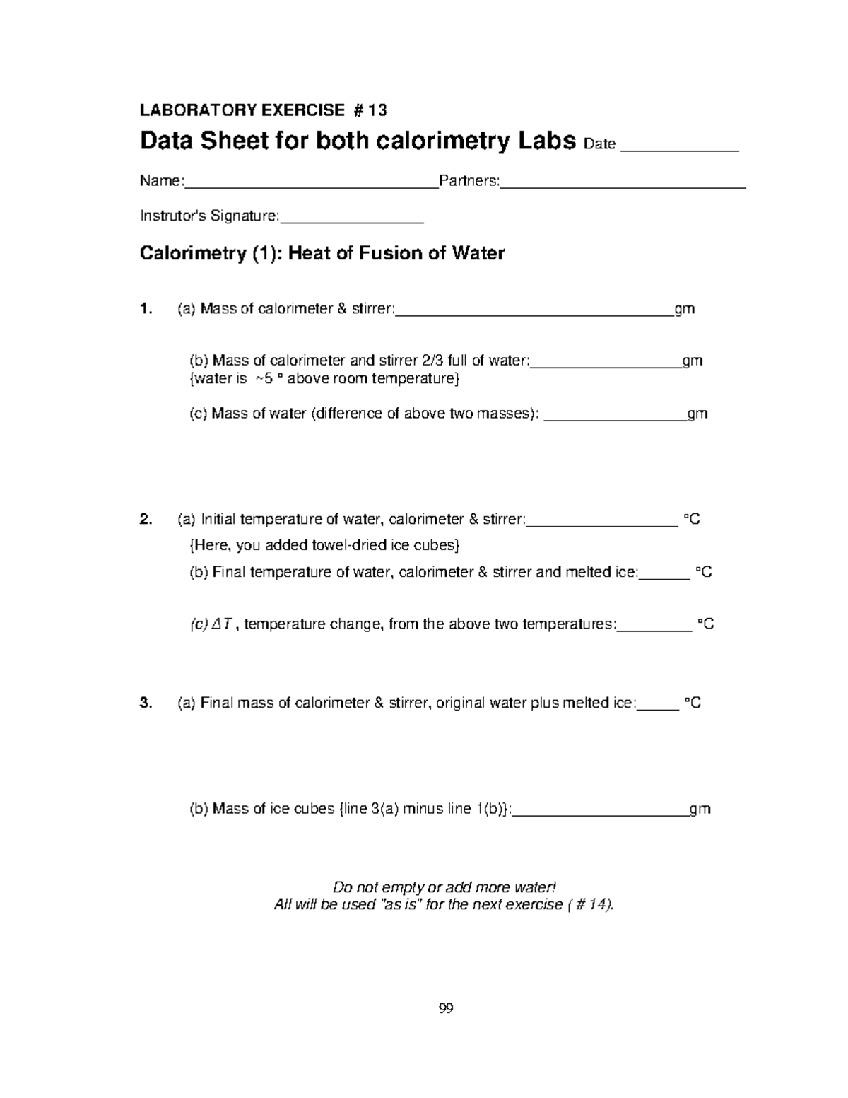 lab 13 data sheet - 99 LABORATORY EXERCISE # 1 3 Data Sheet for both ...