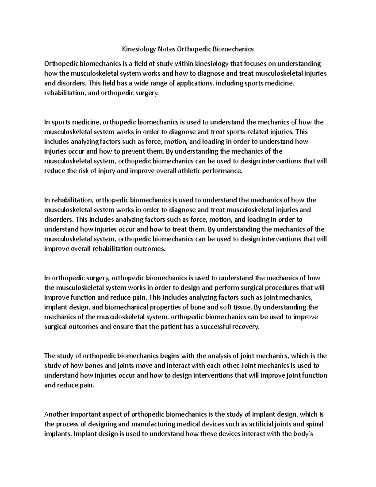 Kinesiology Notes Orthopedic Biomechanics - Kinesiology Notes ...