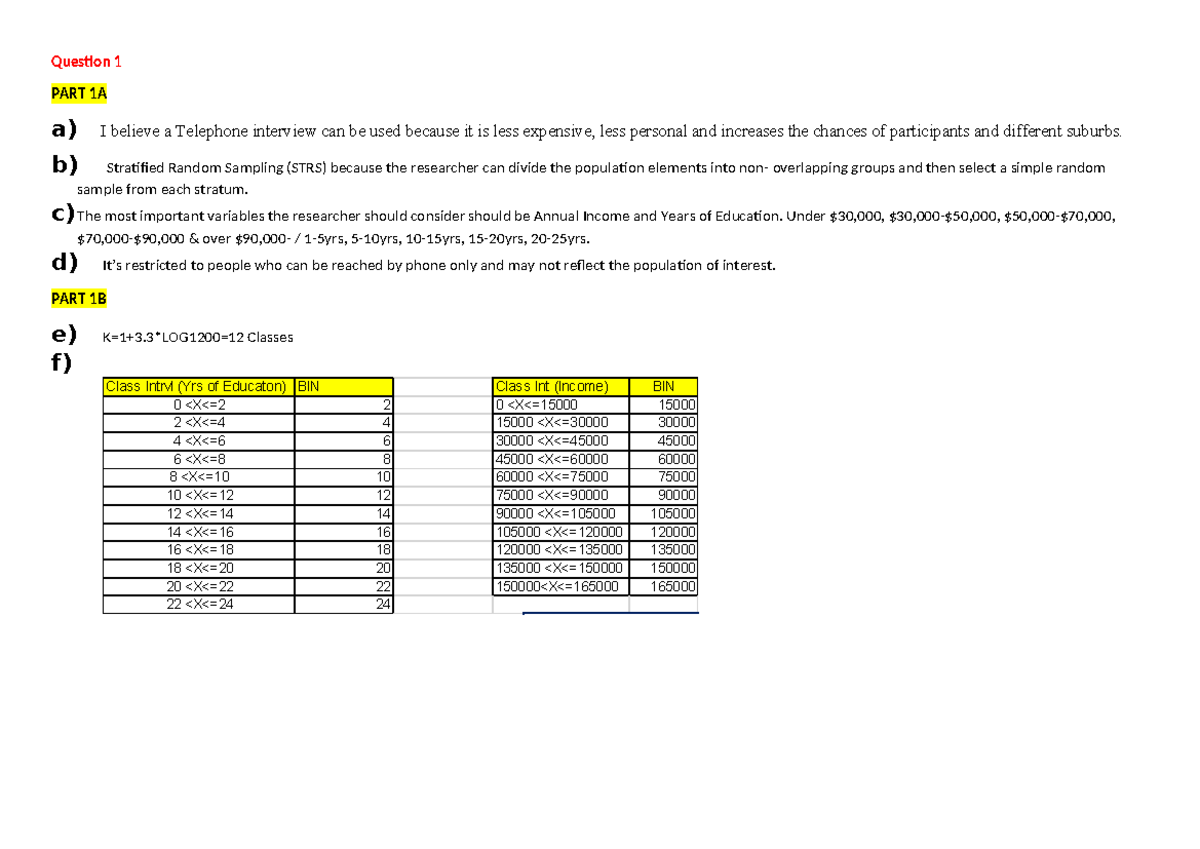 Assestment 2 Data analysis - Question 1 PART 1A a) I believe a Telephone interview can be used ...