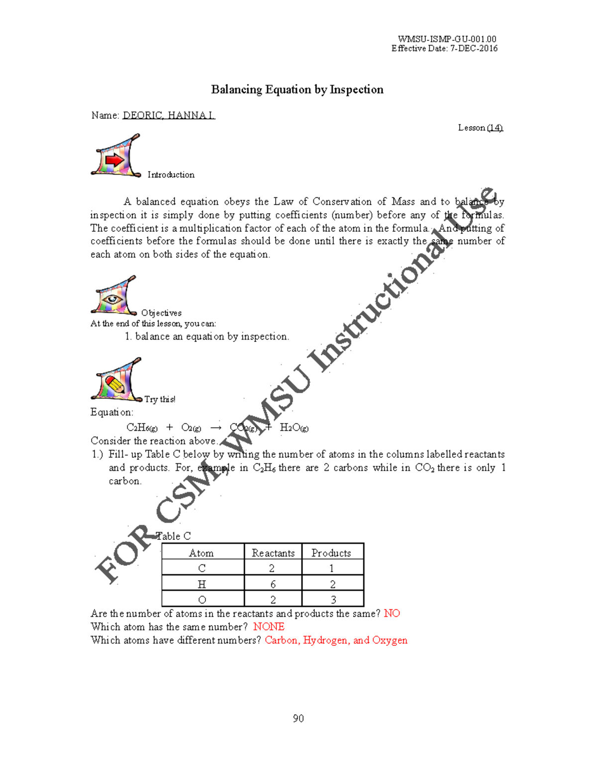 . .Lesson 14 Balancing Equation by Inspection - Effective Date: 7-DEC ...
