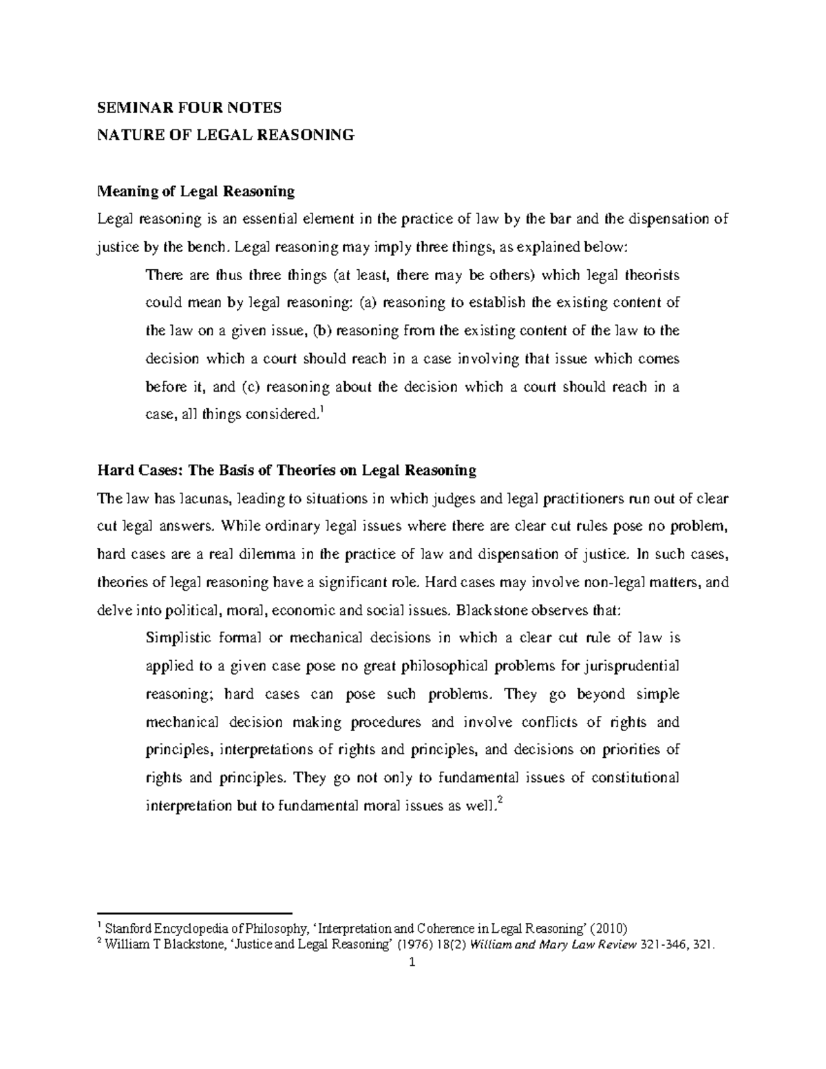 Seminar 4 Notes - Nature OF Legal Reasoning - SEMINAR FOUR NOTES NATURE ...